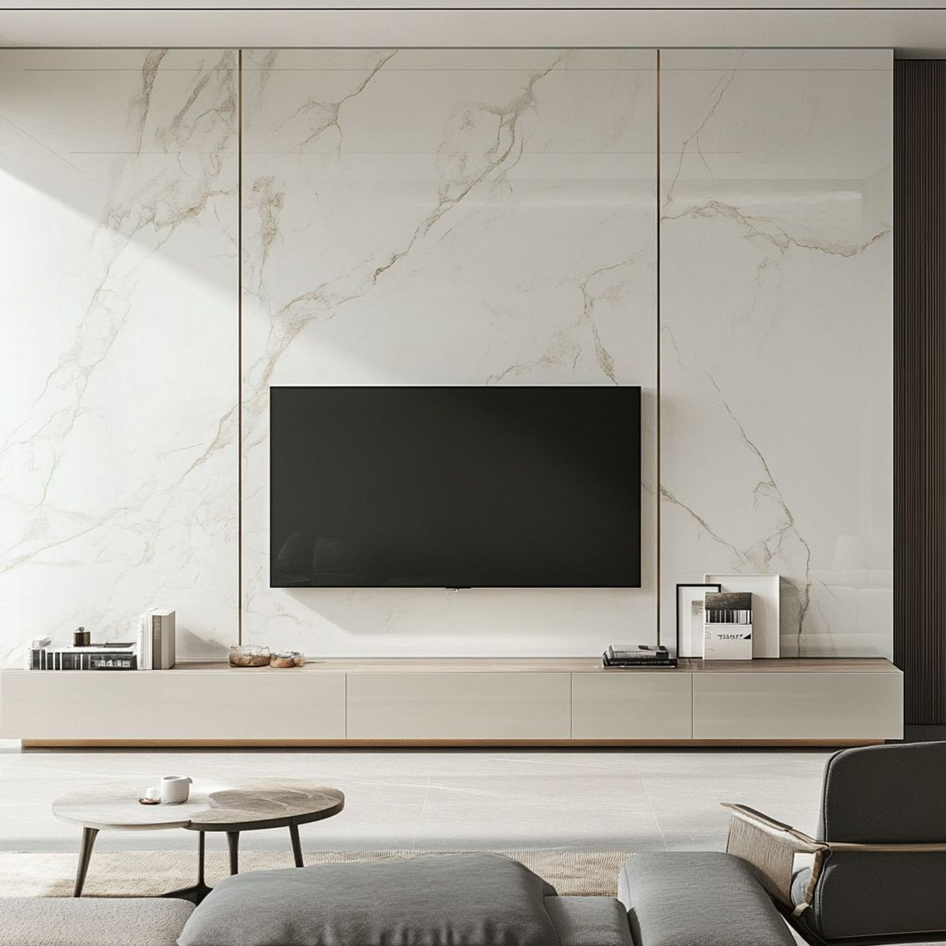 Minimal Mint Green TV Unit Design with Suede Finish, Drawer, and Marble ...