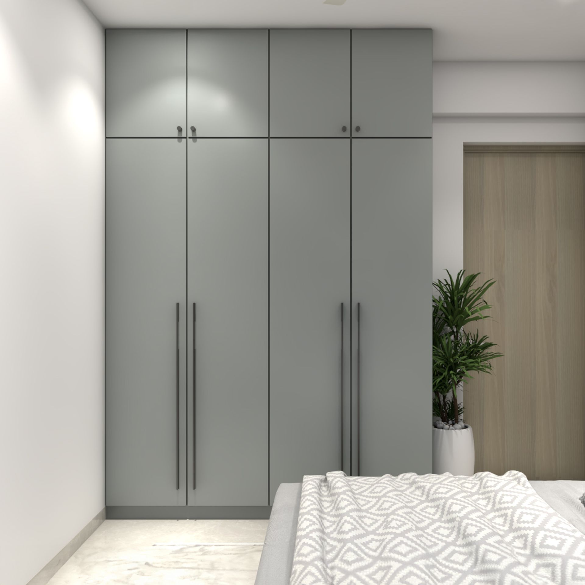 Minimalist 4-Door Swing Wardrobe Design in Light Grey, Suede Laminate ...