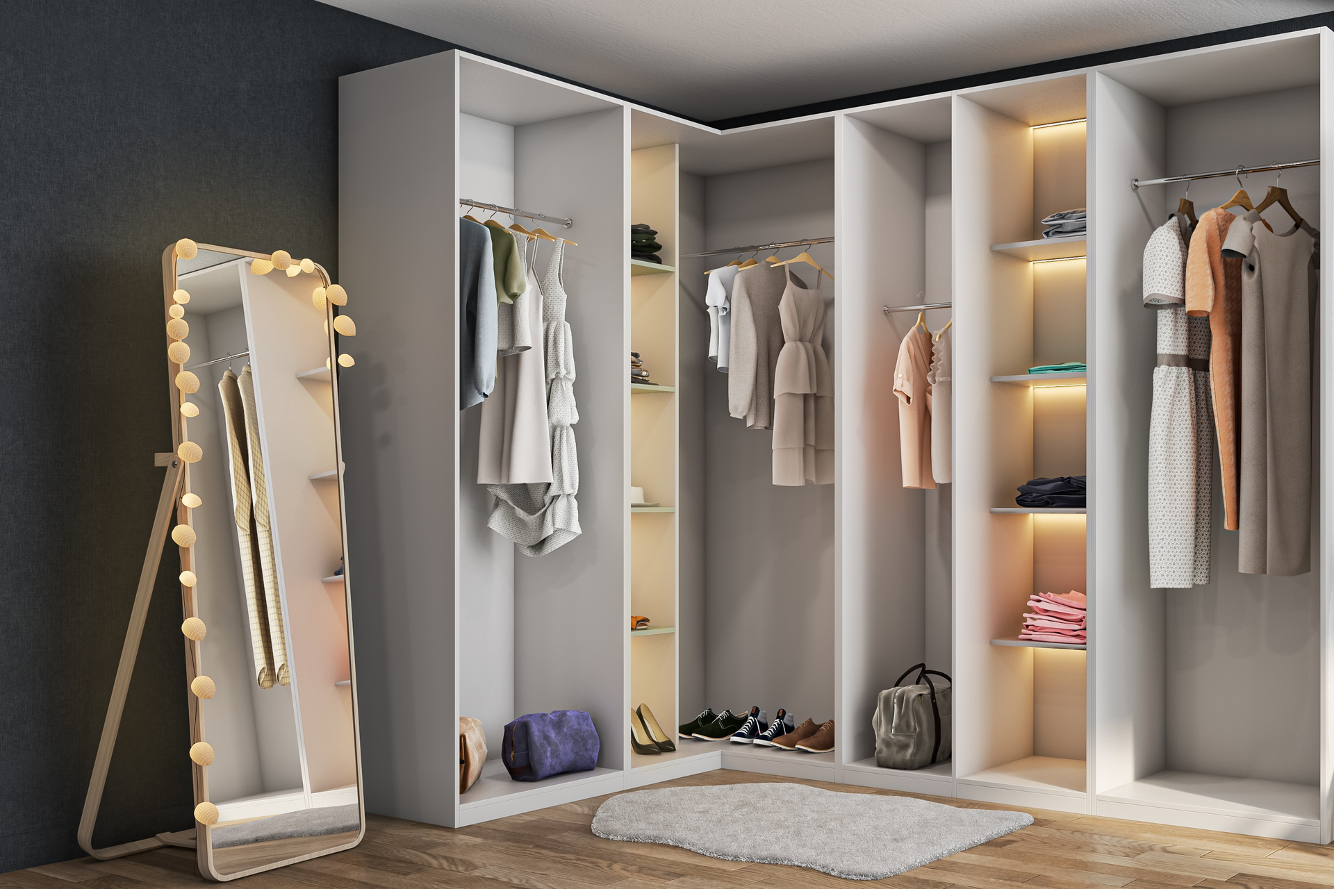 L-Shaped Modern Compact Walk-In Wardrobe Design with Shelves | Livspace