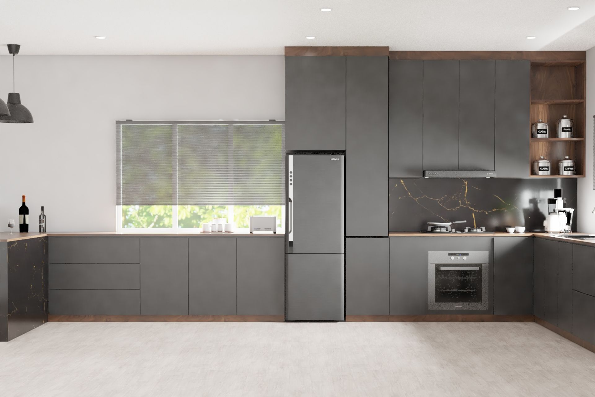 Spacious Grey-Themed Kitchen Design With Open Layout | Livspace