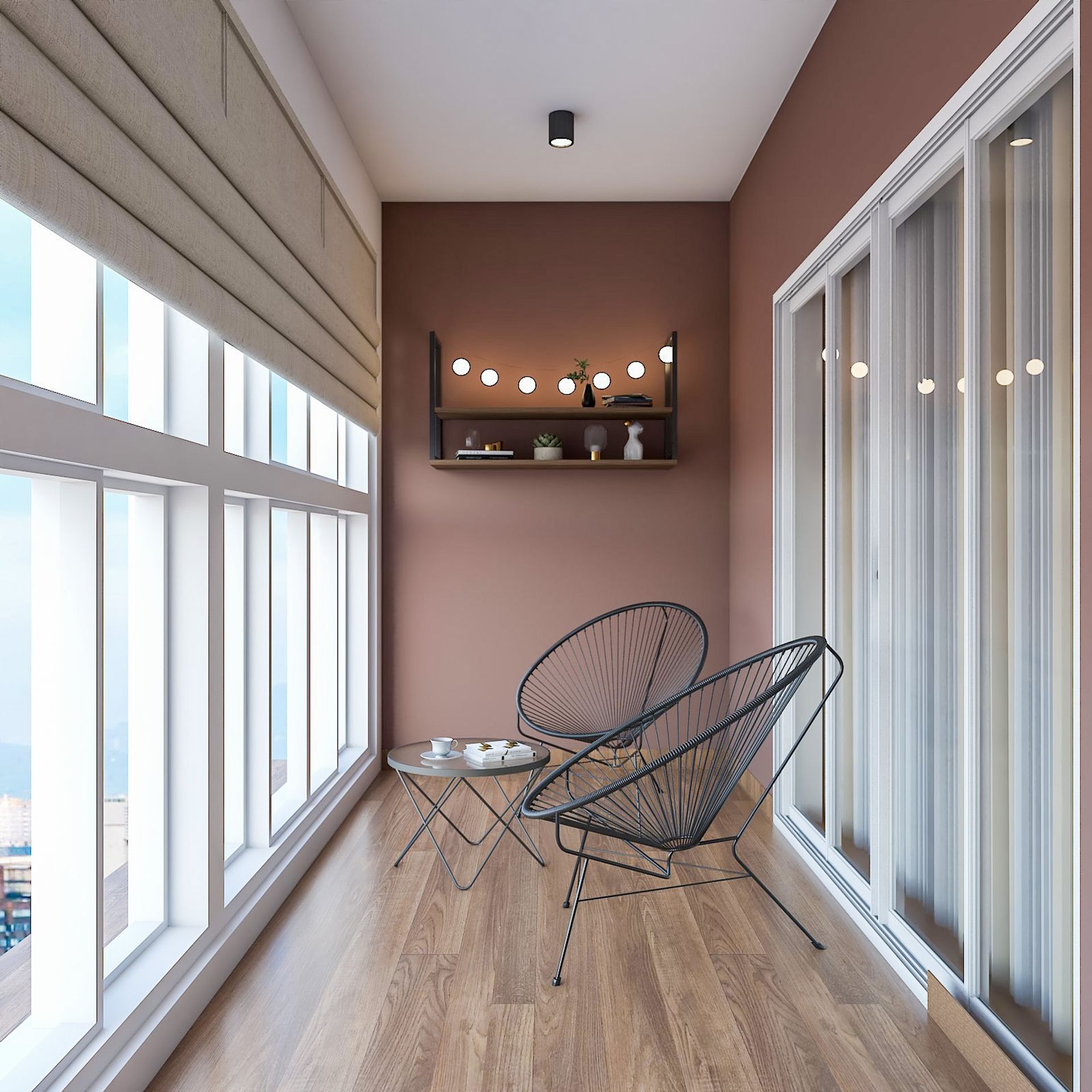 Closed Compact Balcony Design With Brown Wall Paint | Livspace