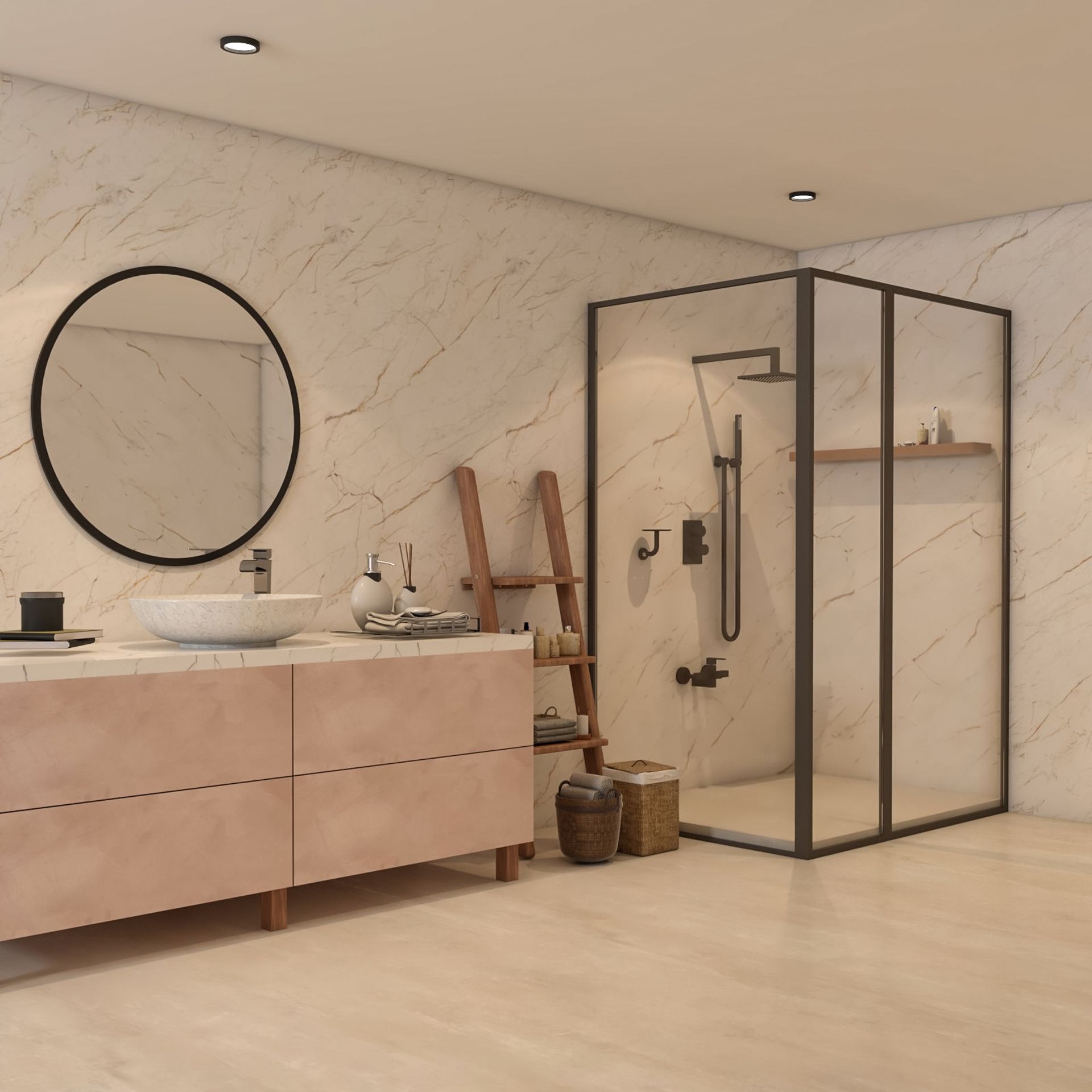 White And Pink Bathroom Design With Black Framed Partition | Livspace