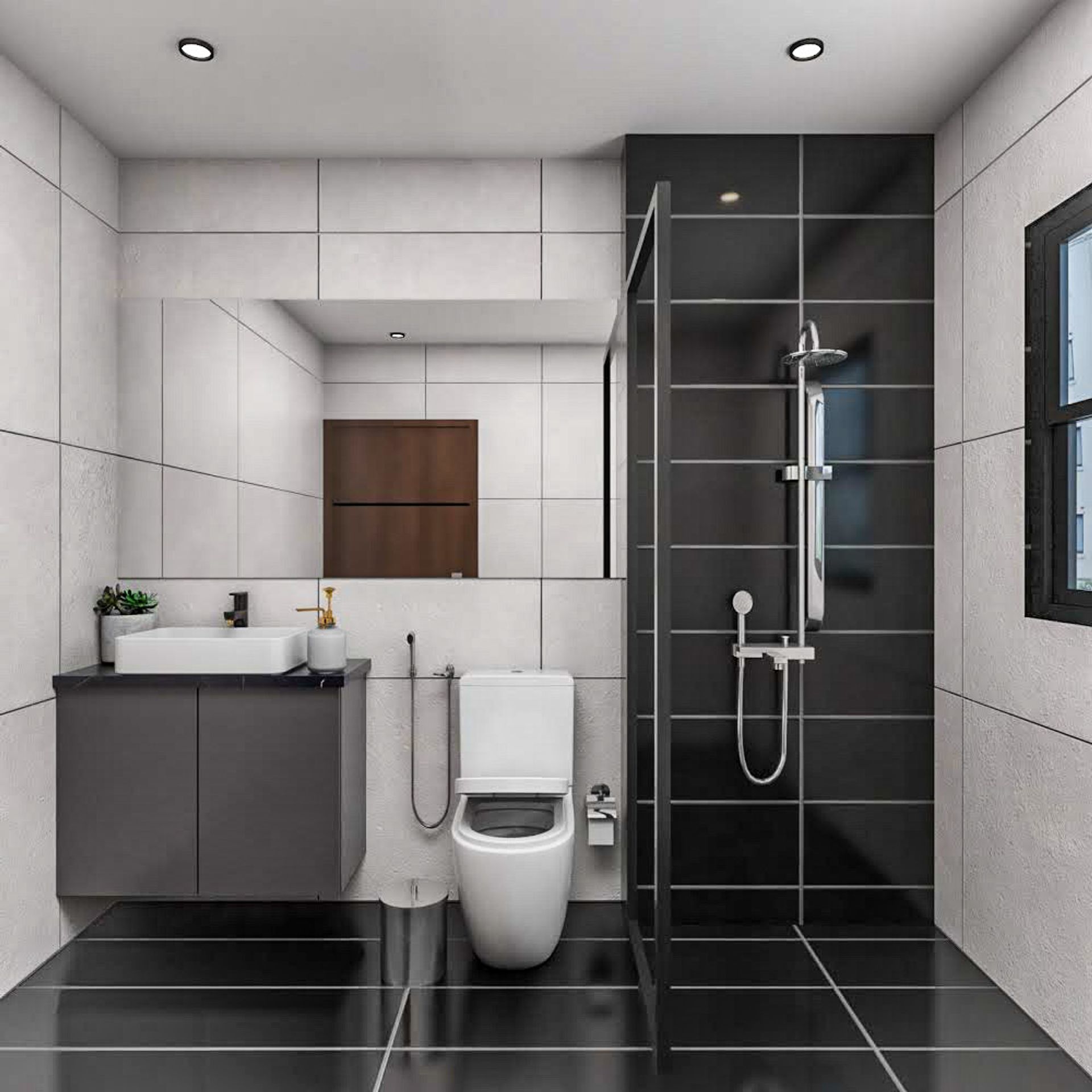 Contemporary Bathroom Design with Glass Partition and Black, Light Grey Tiles and Rectangle ...