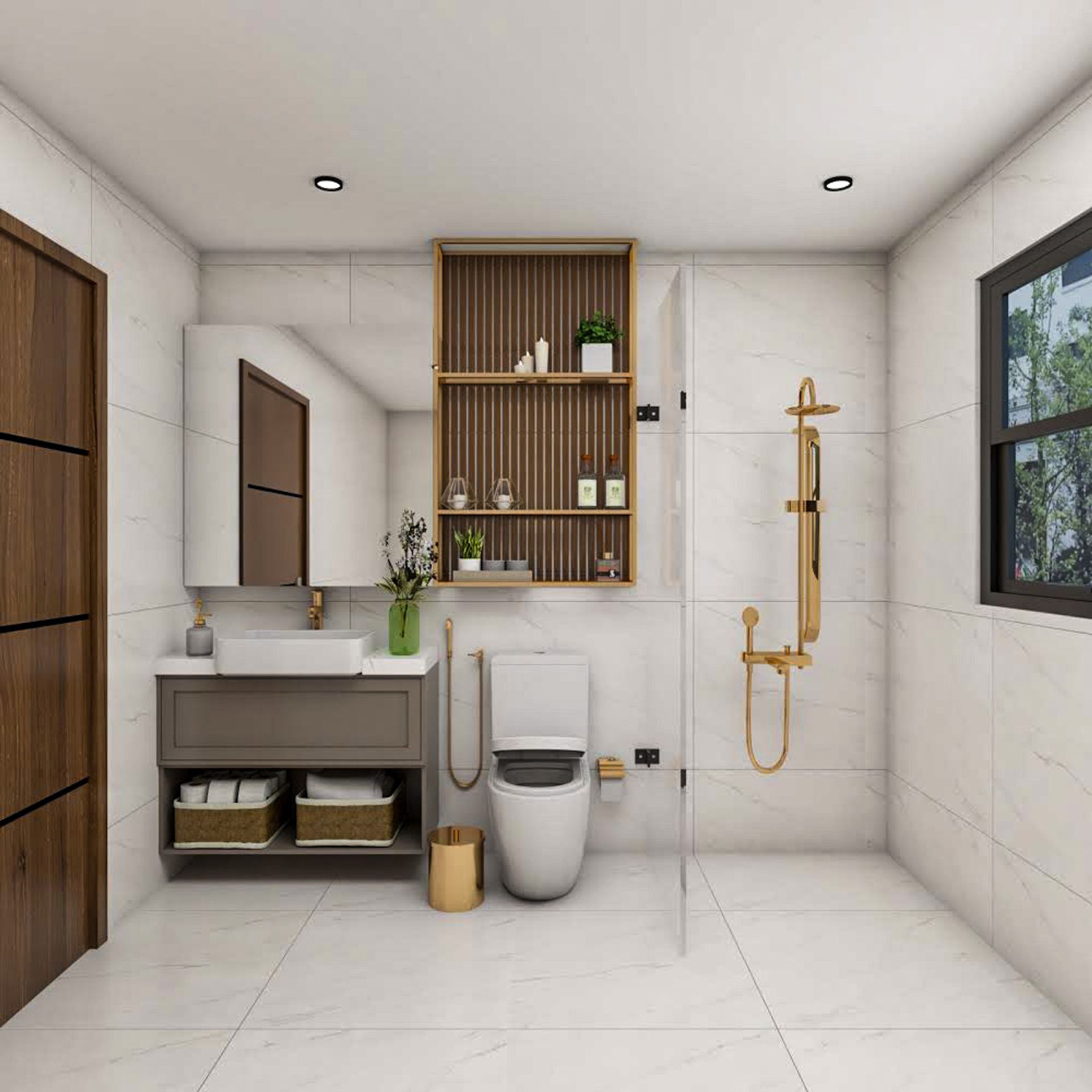 Contemporary White Bathroom Design with Storage Units, Marble ...