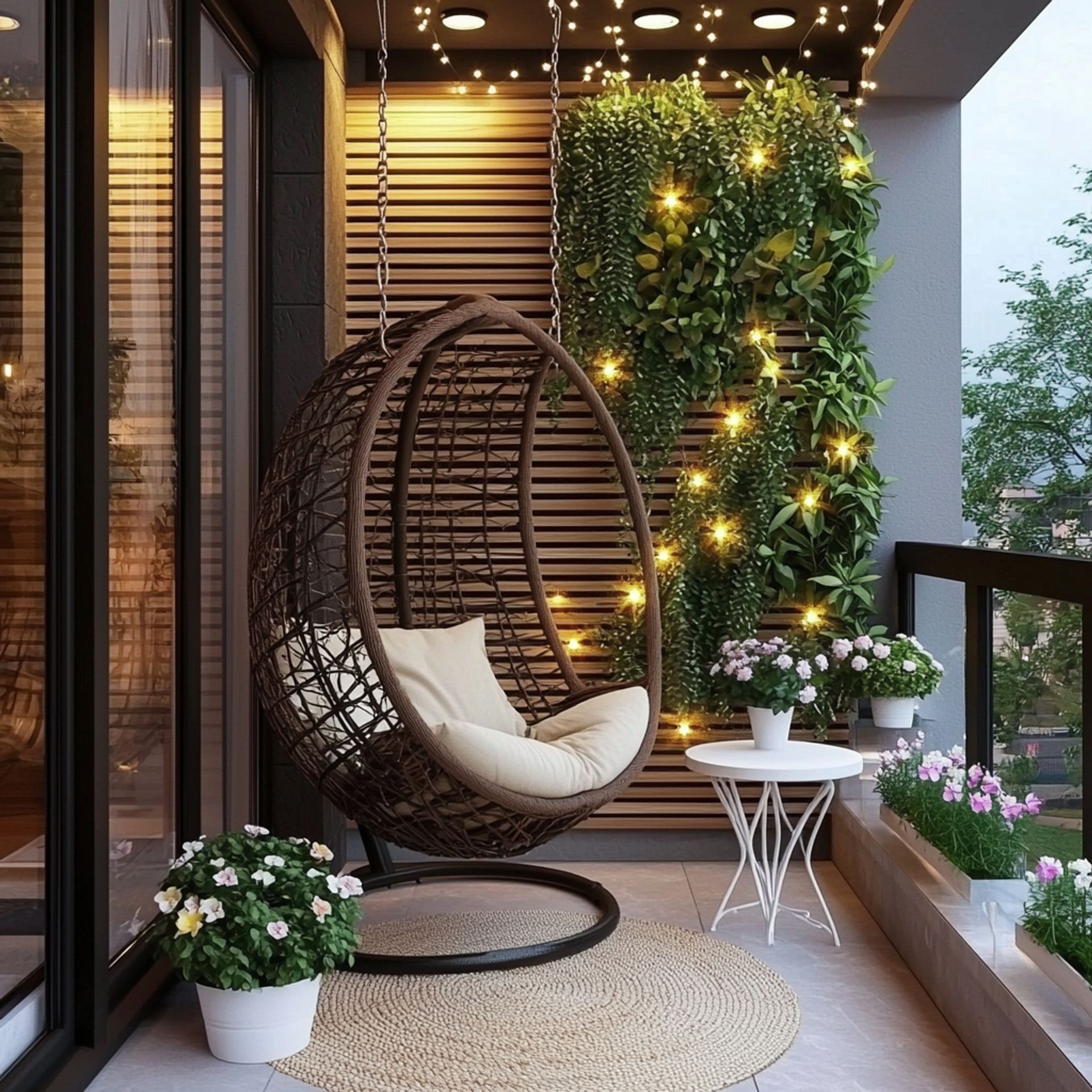 Modern Balcony Design With Rattan Hanging Egg Chair and Green Plant ...
