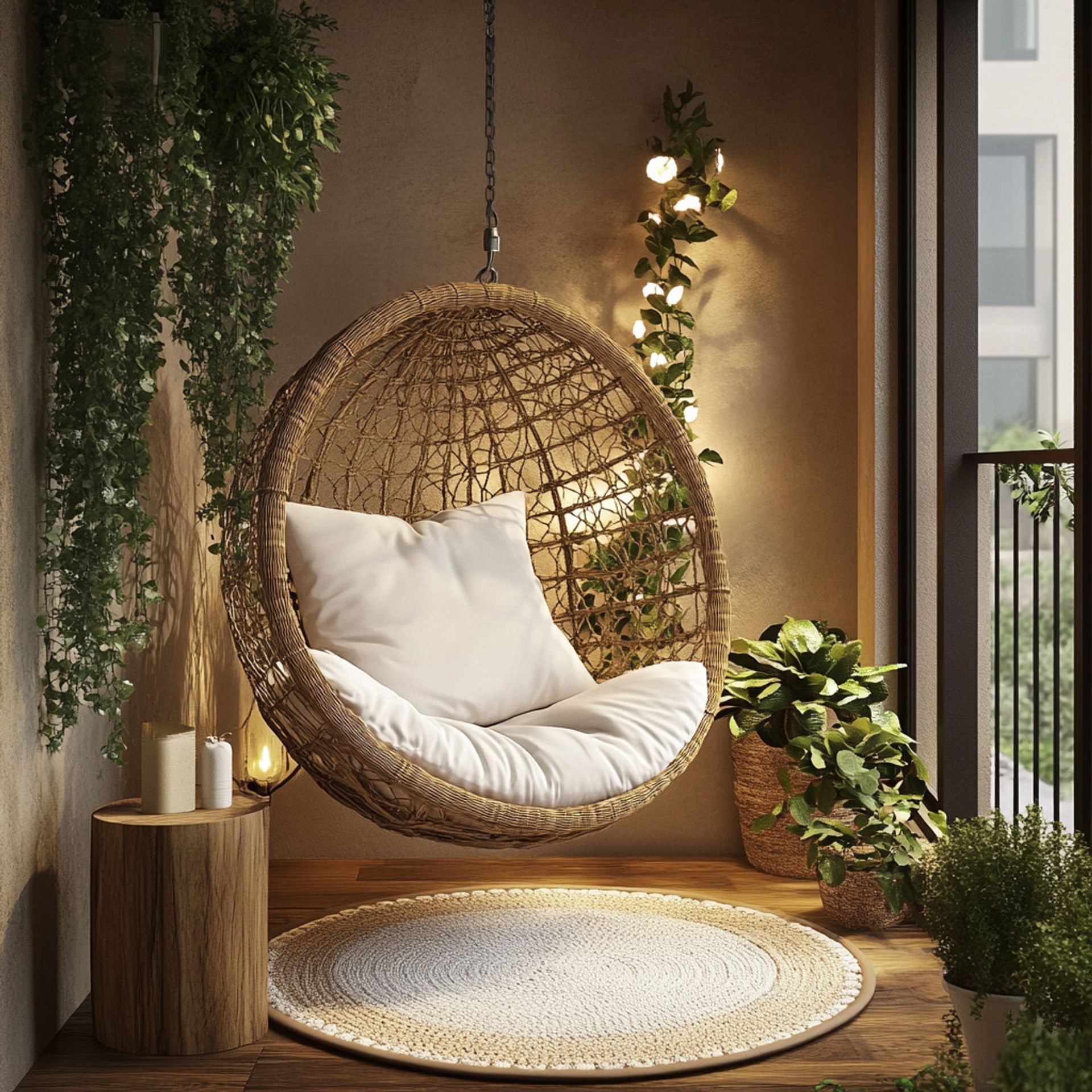 Balcony Design With Boho Hanging Rattan Chair and Wooden Flooring ...