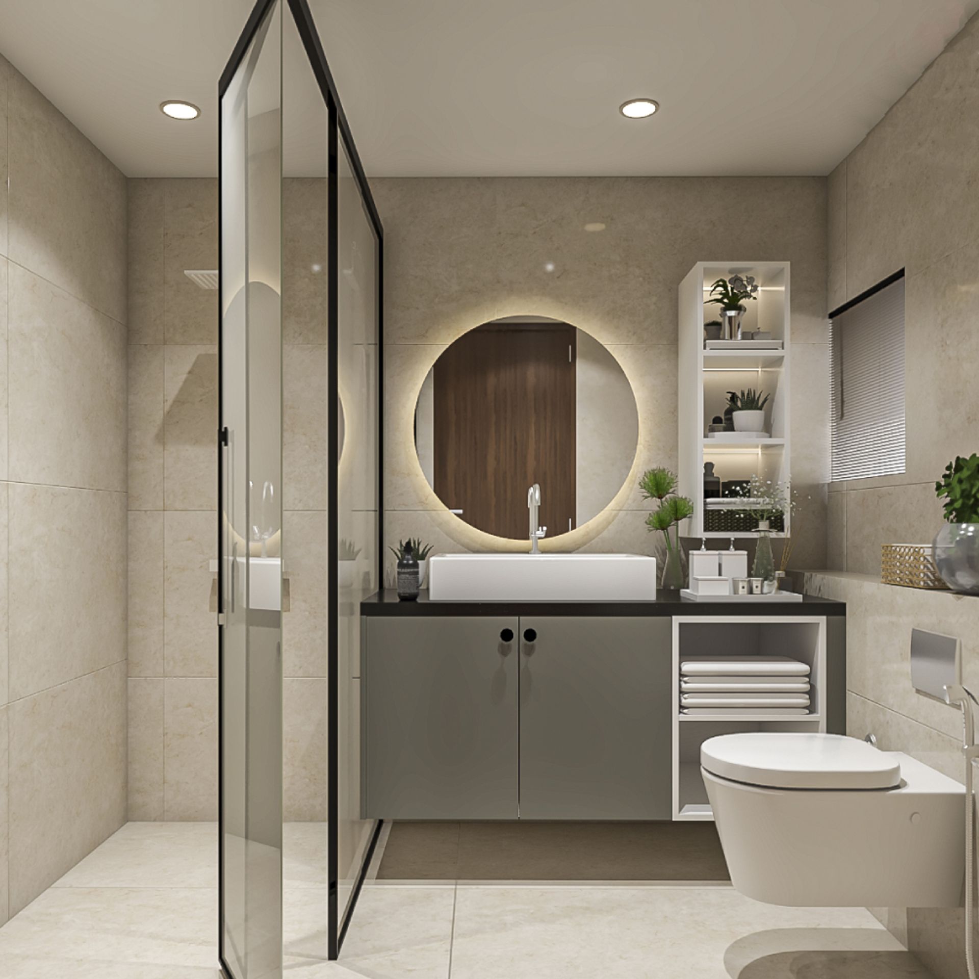 Suede Finish Modern Bathroom Design with Wall Mounted Vanity and Glass ...