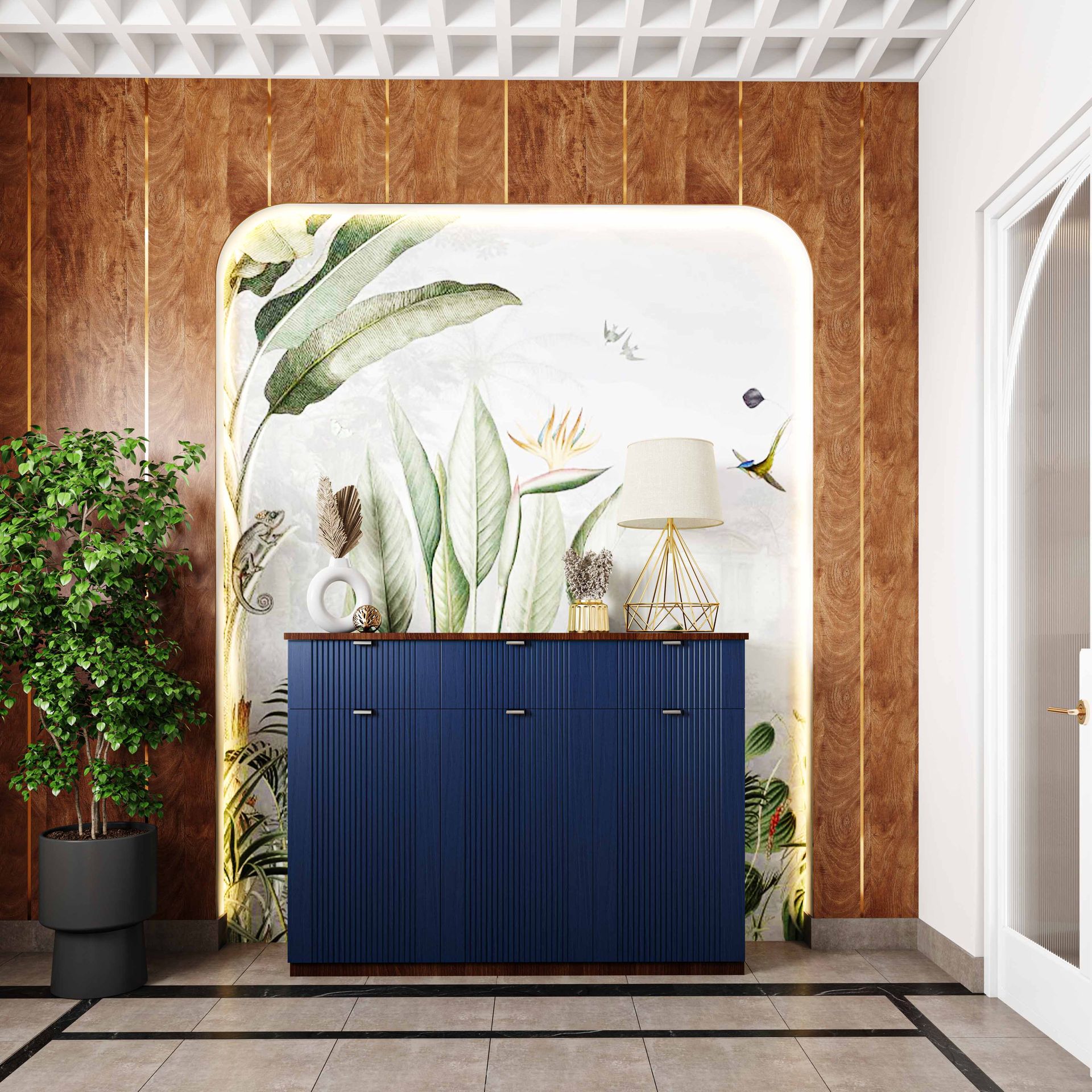 Tropical Foyer Design with Botanical Mural, Storage Cabinet, and Wood ...