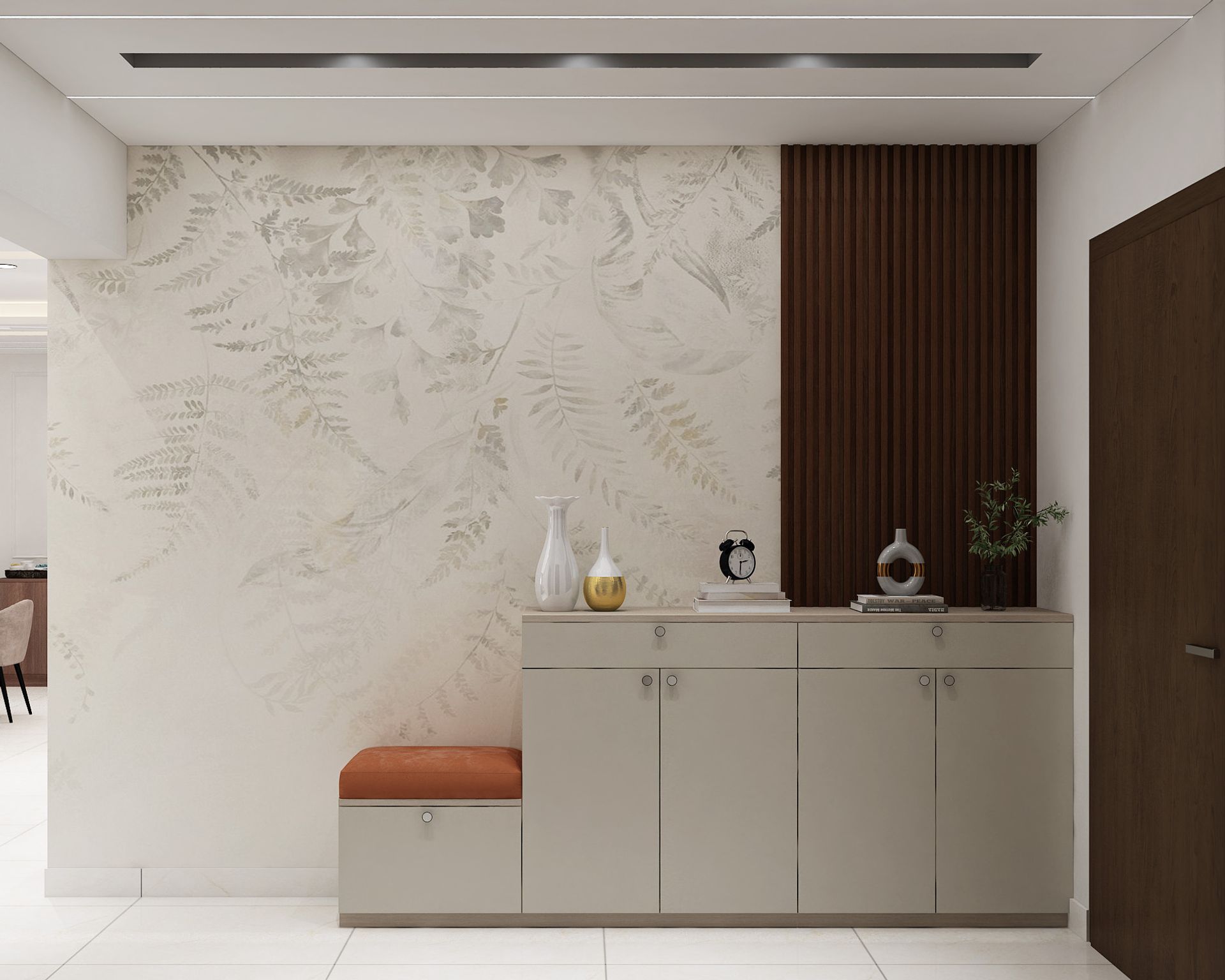 Modern Foyer Design with Pumic Grey Suede Laminate Storage Units | Livspace
