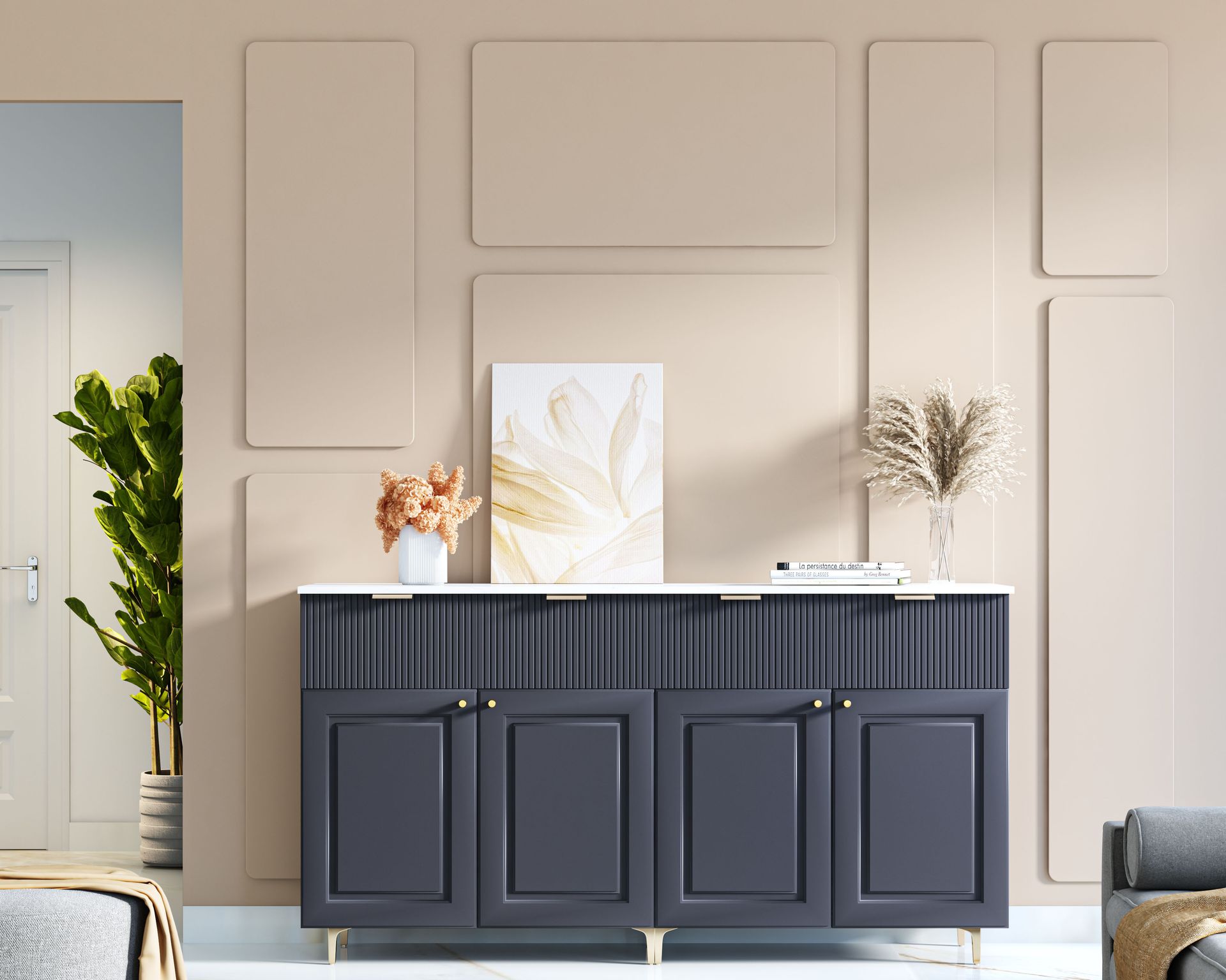 Classic Foyer Design with 3D Wall Paneling, Storage, and Brass Hardware ...
