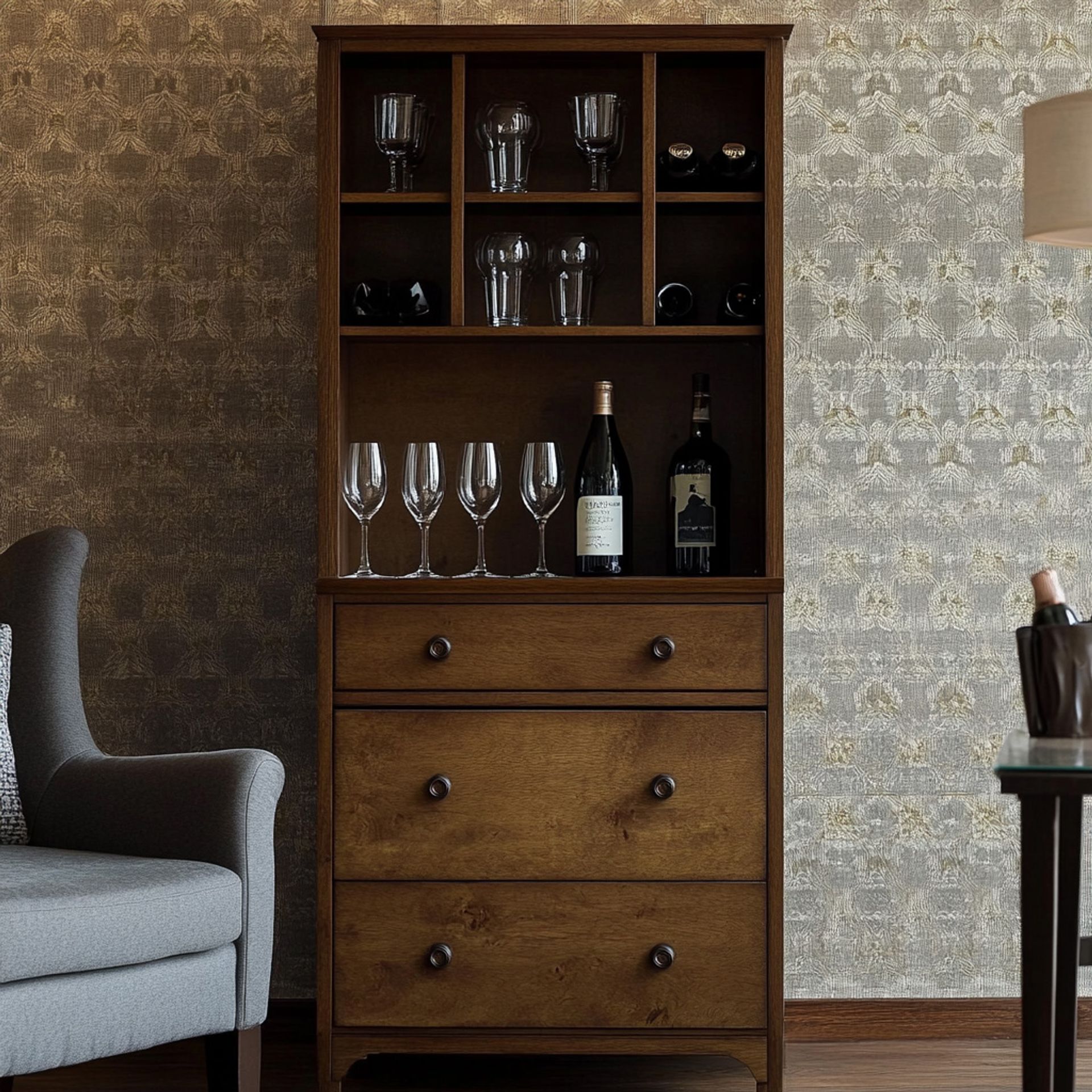 Traditional Wooden Home Bar Unit Design With Closed and Open Storage ...