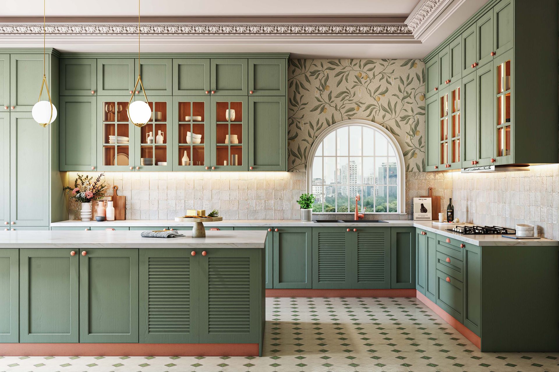 Eclectic L-Shaped Kitchen Design with White Marble Countertop and Glass ...