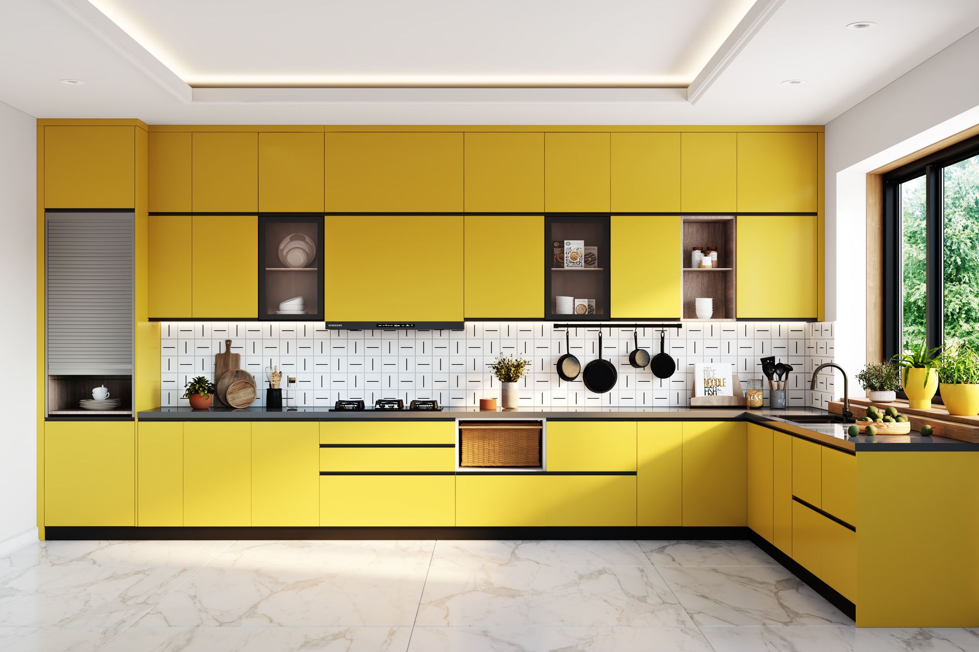 Modern L-Shaped Kitchen Design with Geometric Backsplash and Pull-Out ...