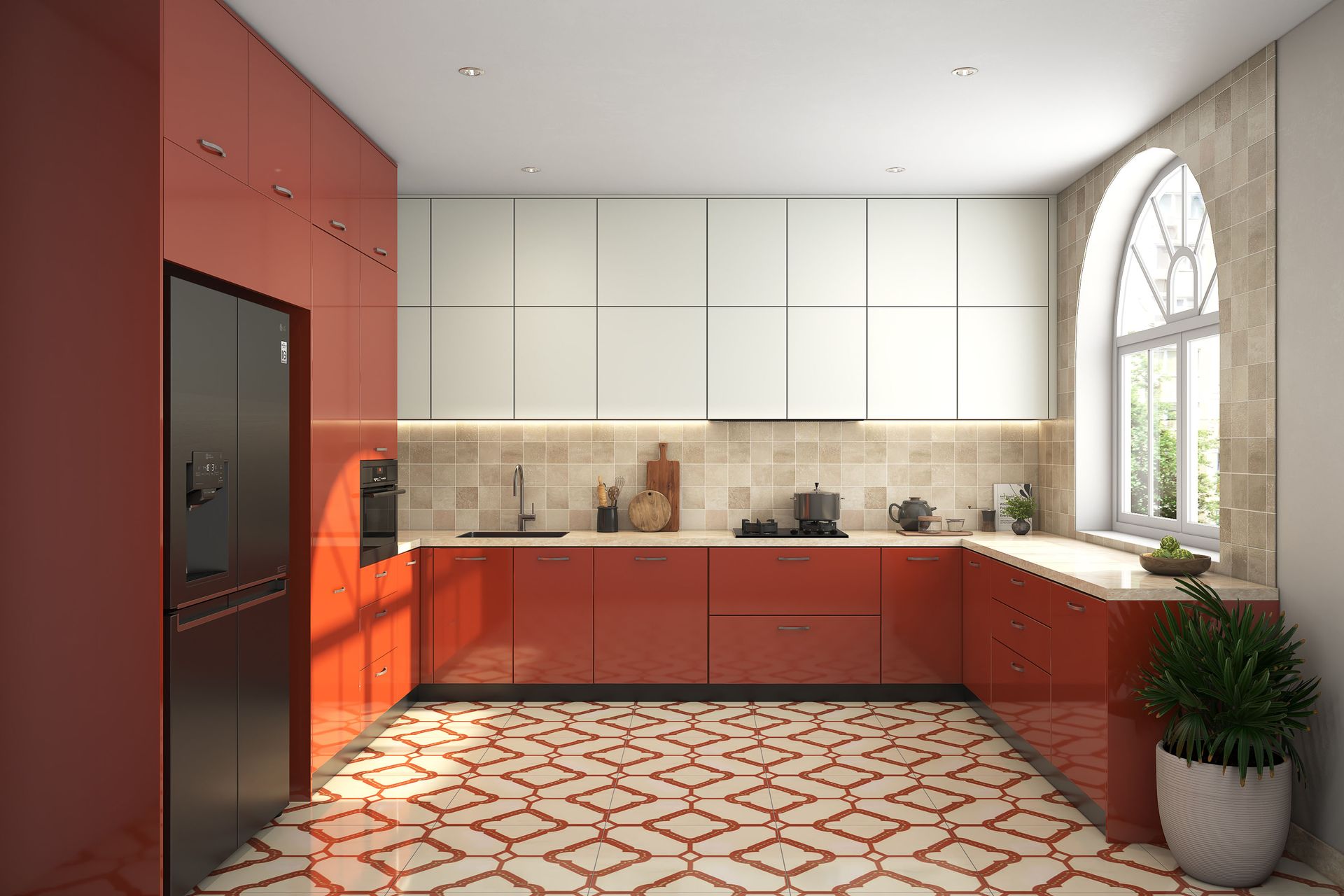 Contemporary U-Shaped Kitchen Design with Glossy Cabinets and Elegant ...