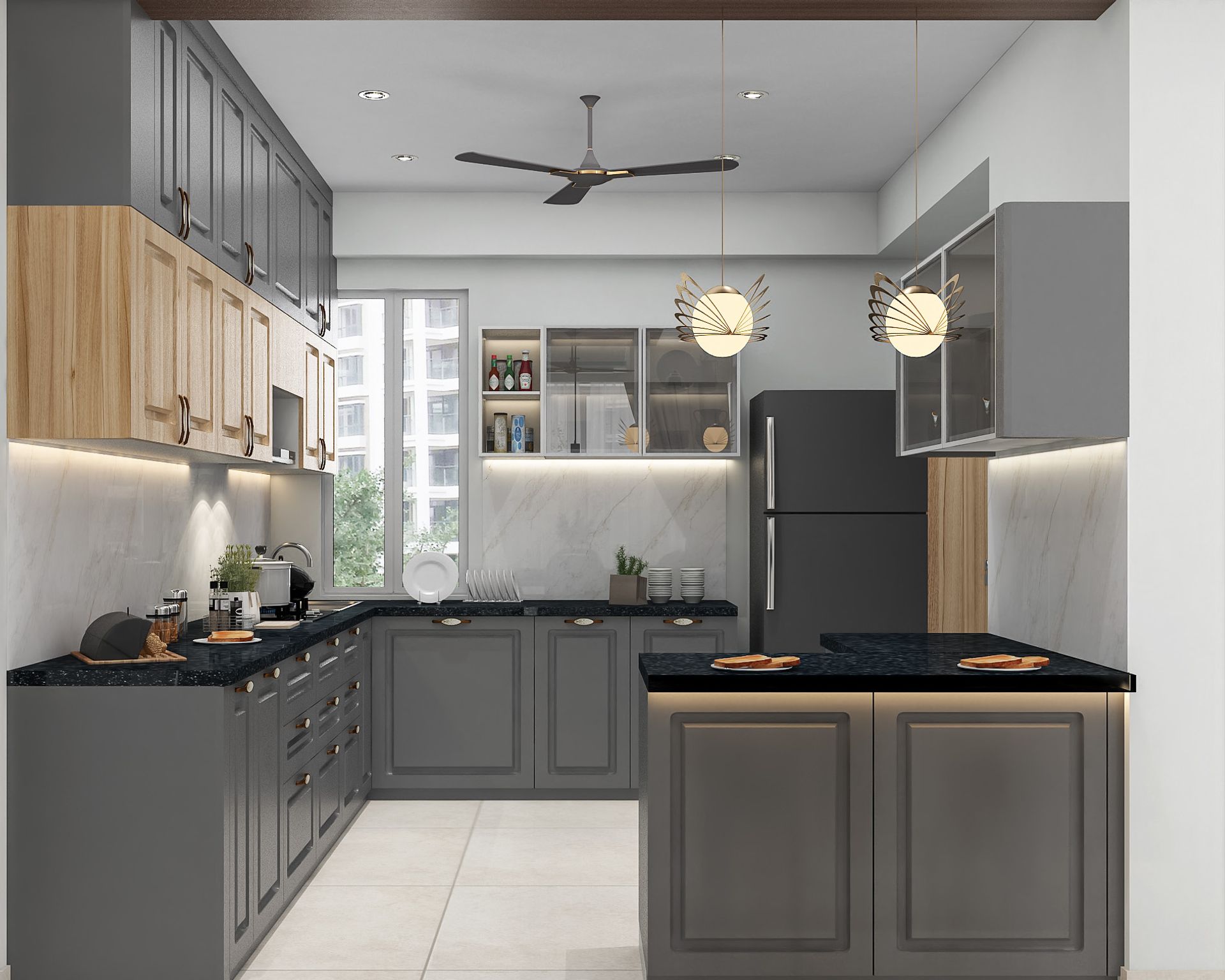 L-Shaped Kitchen with Peninsula in Classic Style and Matte Finish ...