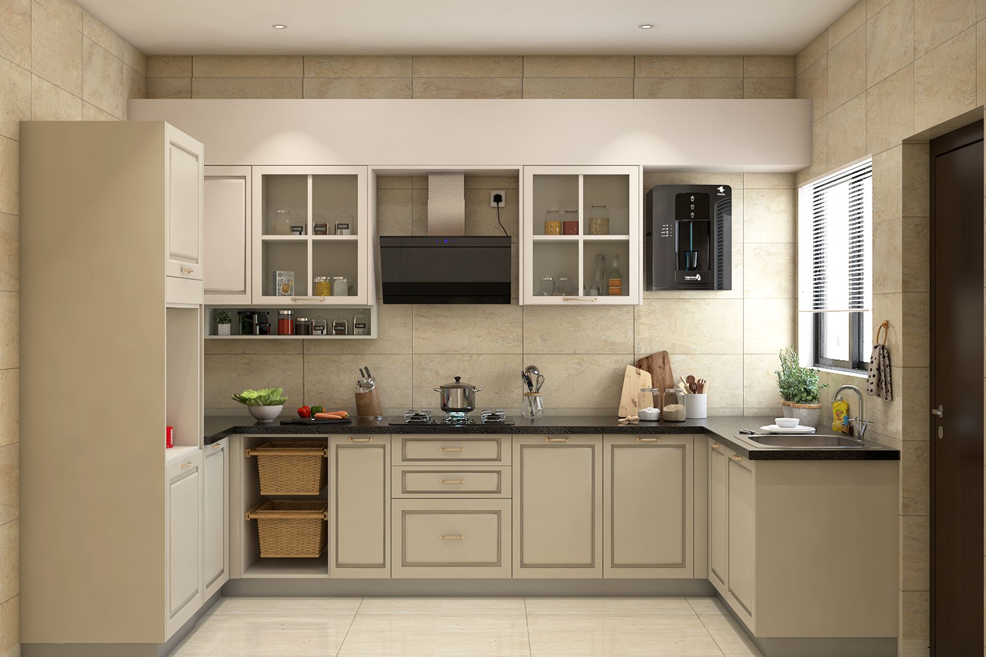 U-Shaped Kitchen Design in Transitional Style with Glass Cabinets and ...