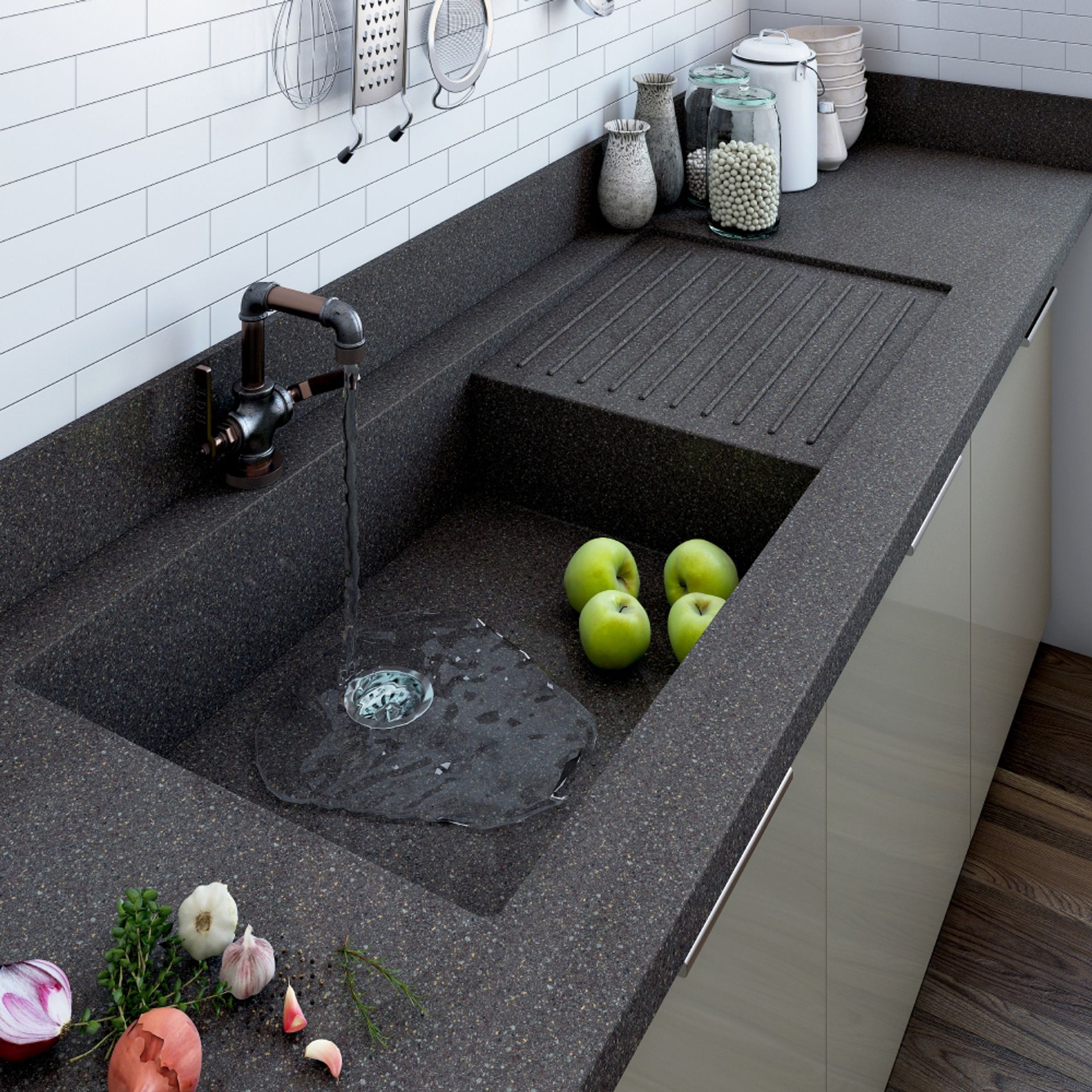 Undermount Granite Kitchen Sink Design with Dual Bowls and Drainboard ...