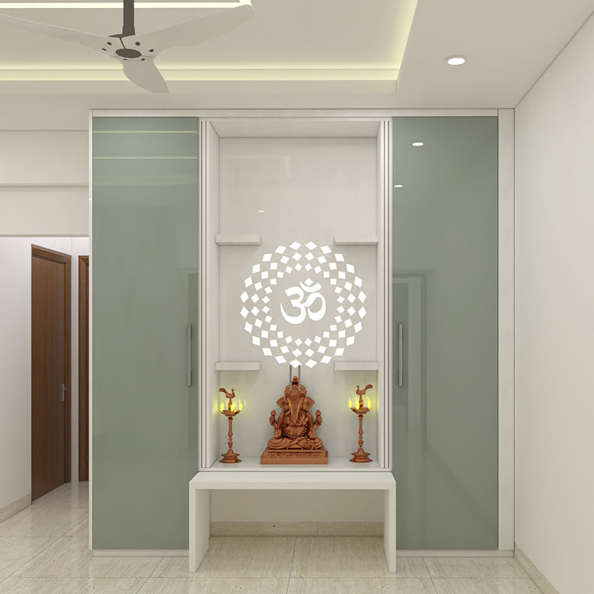 Modern Pooja Unit Design with Sliding Doors and Om Backdrop | Livspace