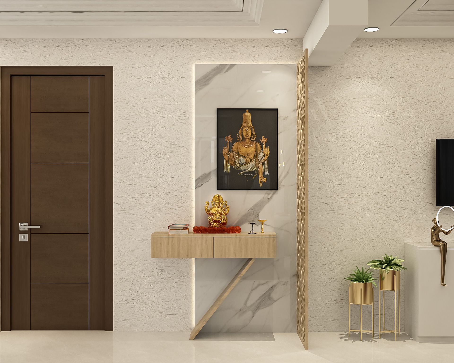 Pooja Unit Design with Contemporary Illuminated Marble Backdrop ...
