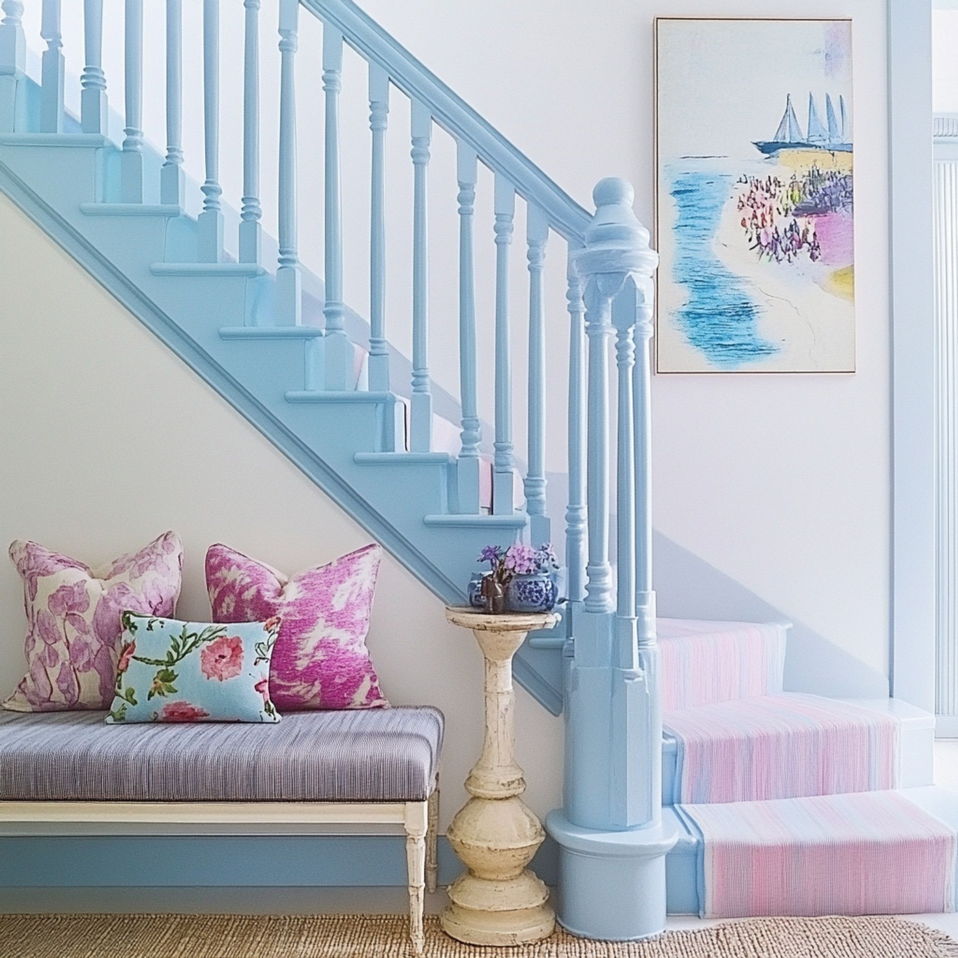 Curved-Base Coastal Staircase Design in Pastel Blue Wood Finish | Livspace