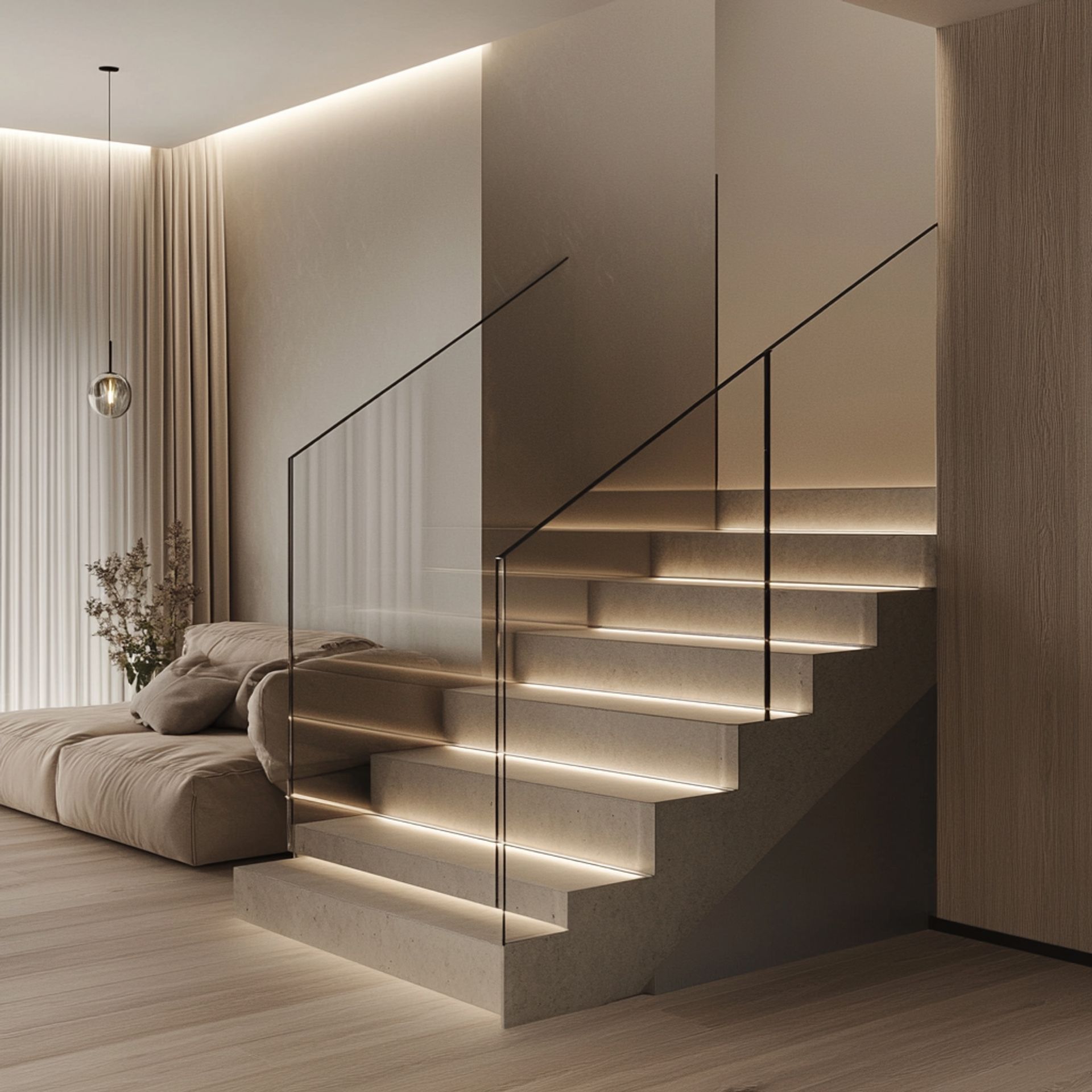 Straight Staircase Design Featuring Minimal Glass Railings and Stone ...