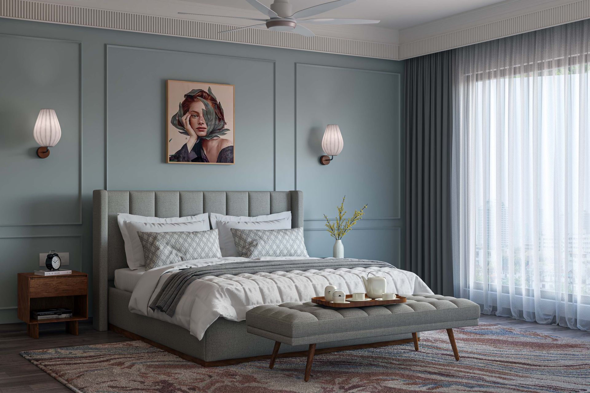 Classic Moulded Wall Panels Wall Design with Sconces and Floor-to ...