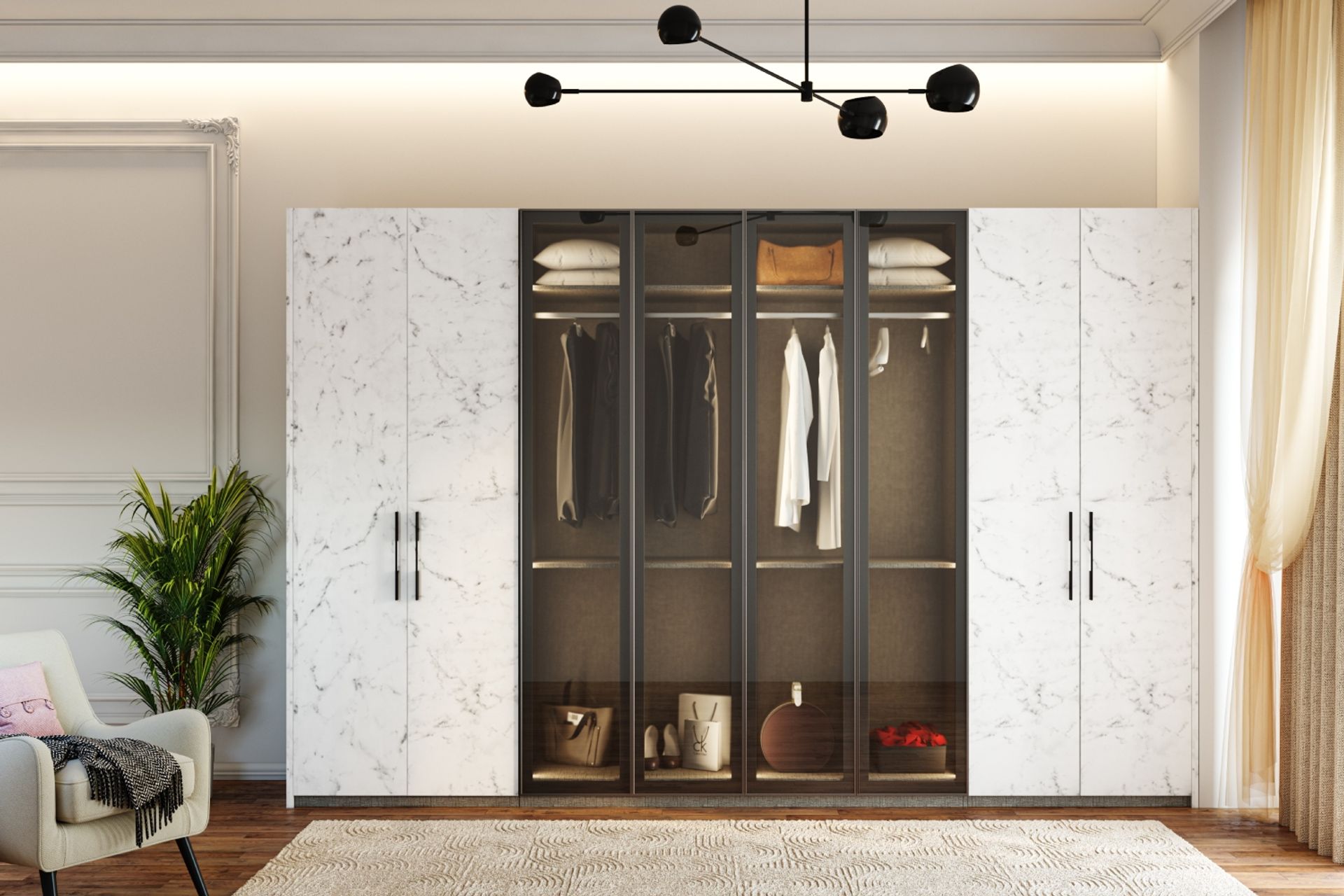 Contemporary 8-Door Swing Wardrobe Design with Marble Finish and Glass ...