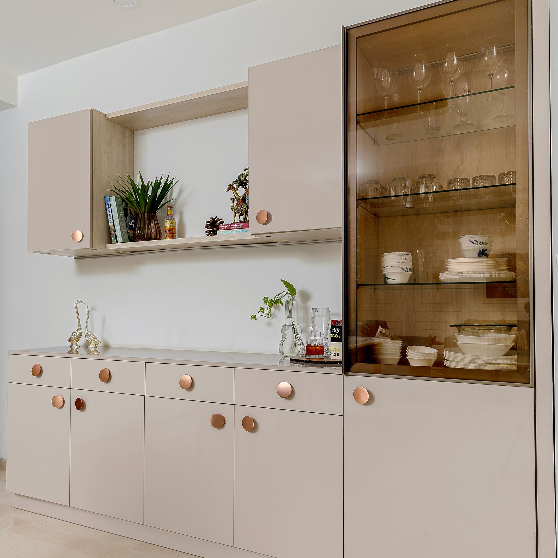 Matte Finish Contemporary Crockery Unit Design with Cabinets, Drawers ...