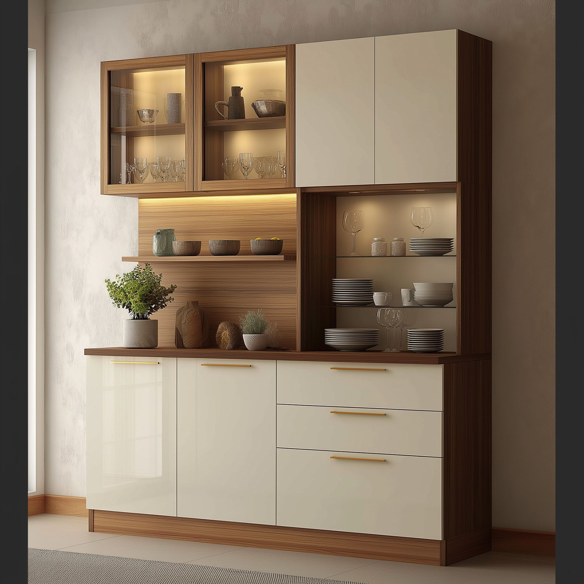 Beige and Wood Modern Crockery Unit Design with Cabinets, Shelves, and ...