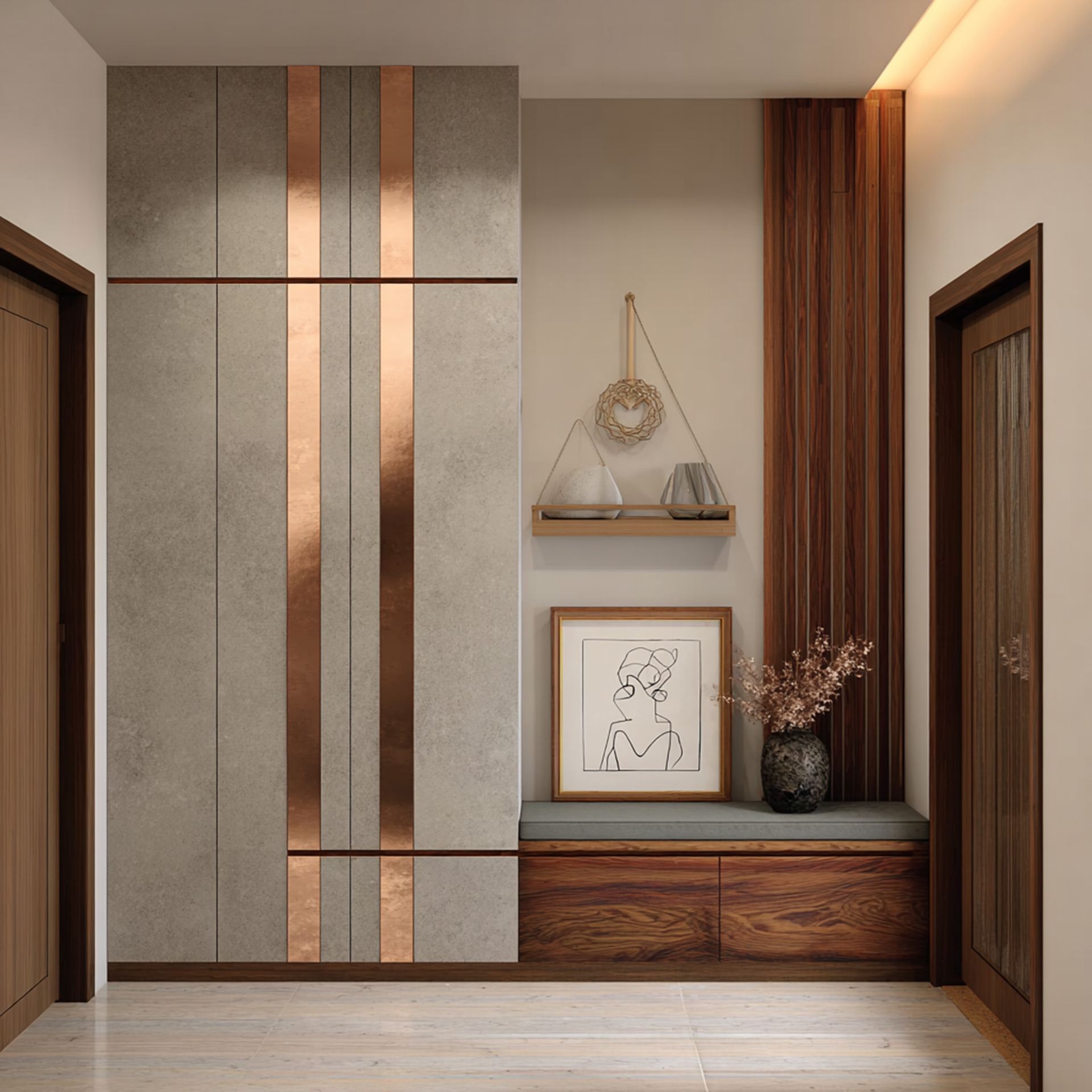 Foyer Design with Contemporary Copper Accents and Concealed Shoe ...