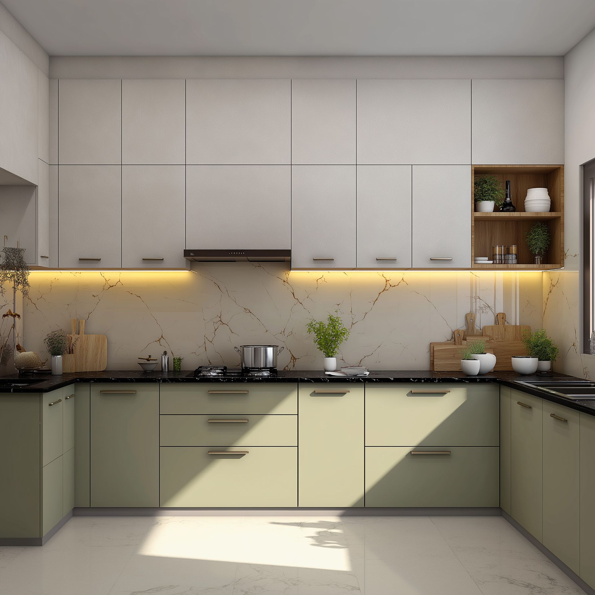 U-Shaped Contemporary Kitchen Design with Dual-Tone Cabinets and ...