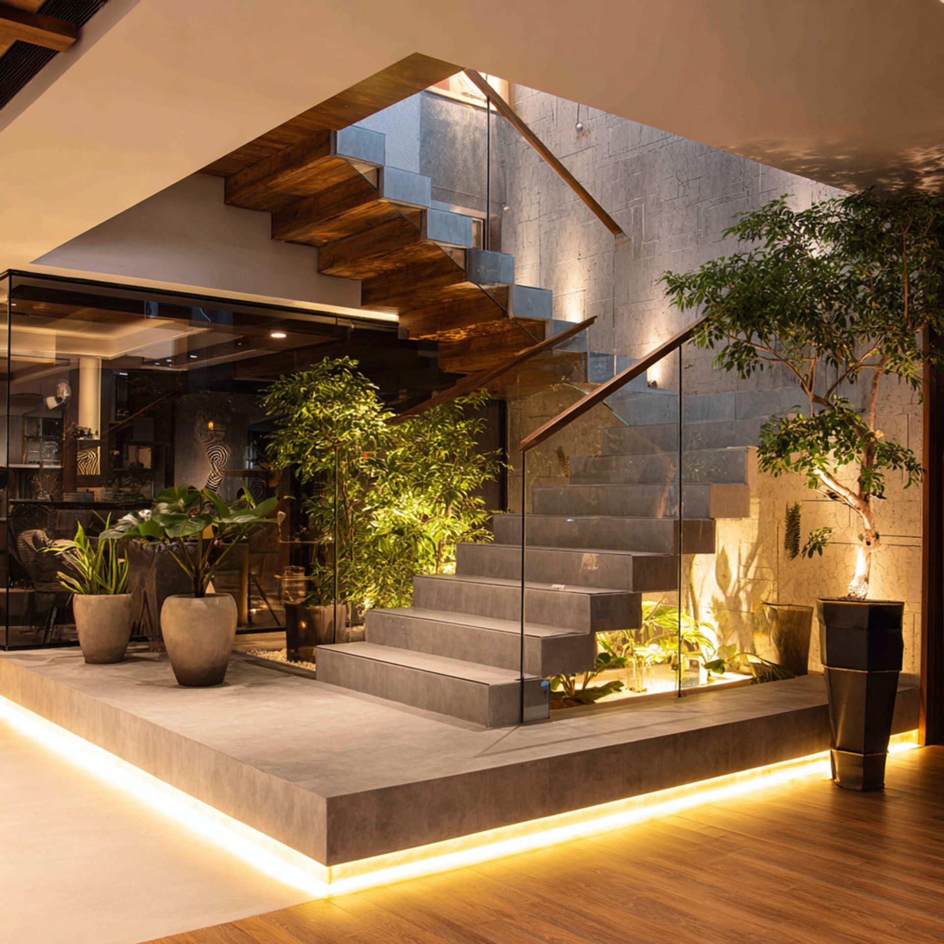 L-Shaped Contemporary Staircase Design with Stone Steps, Wooden Treads ...