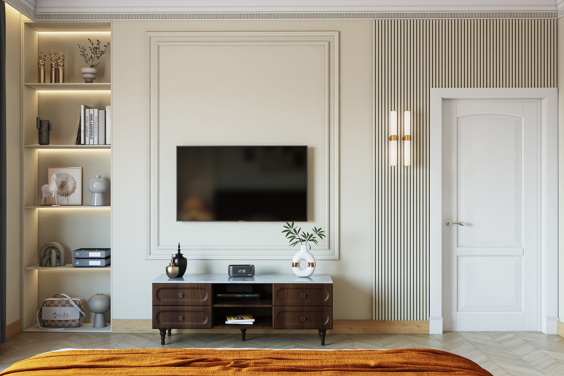 Classic Drak Wood TV Unit Design with Open Shelving and Drawers | Livspace