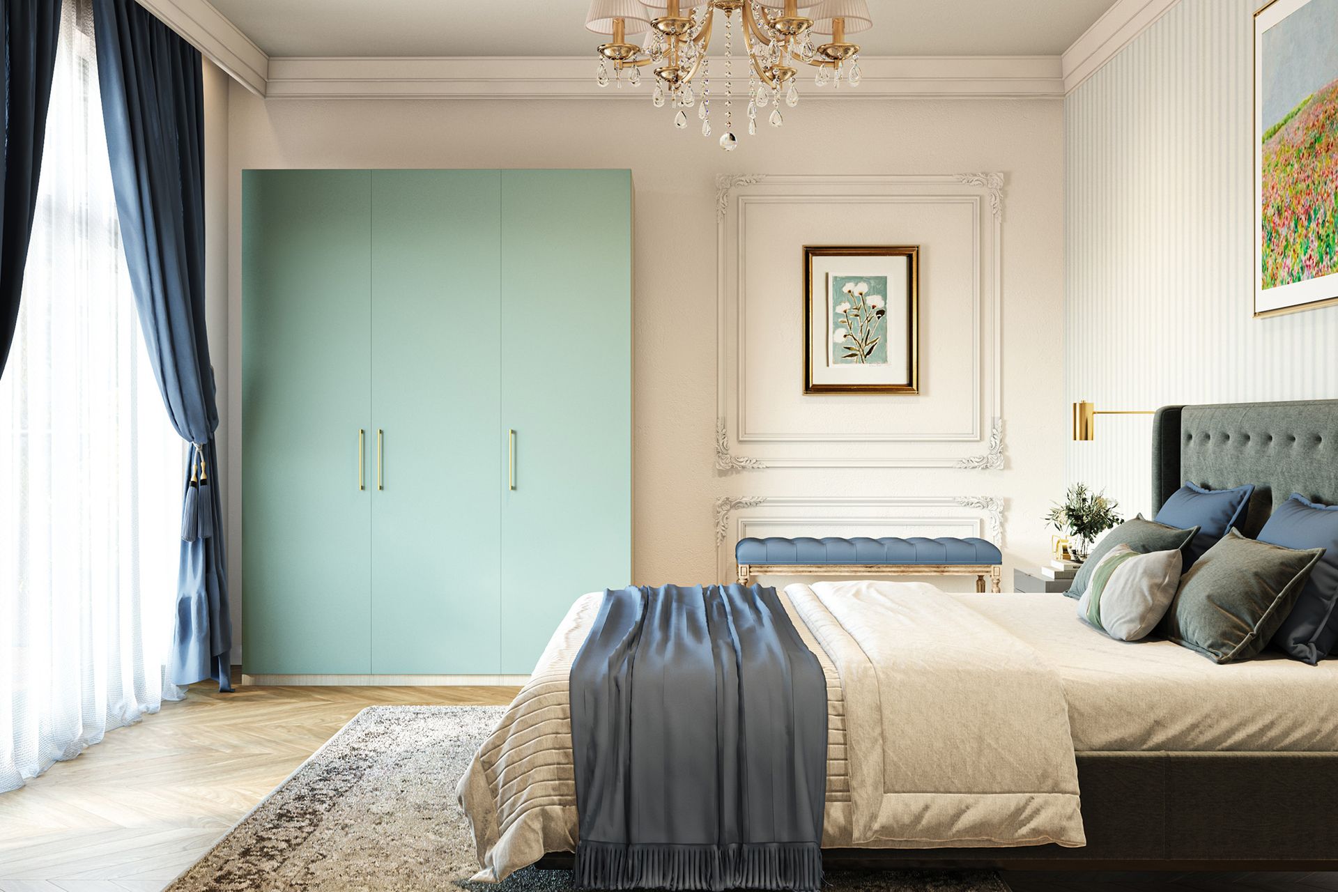 3-Door Classic Swing Wardrobe Design in Pastel Mint Green with Textured ...
