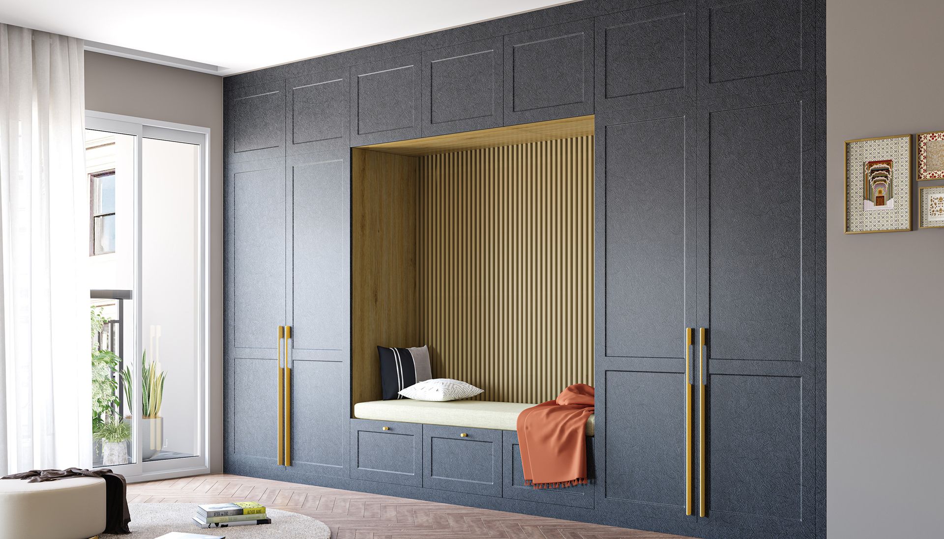 Charcoal Grey Swing Wardrobe Design With Fluted Niche Seating | Livspace