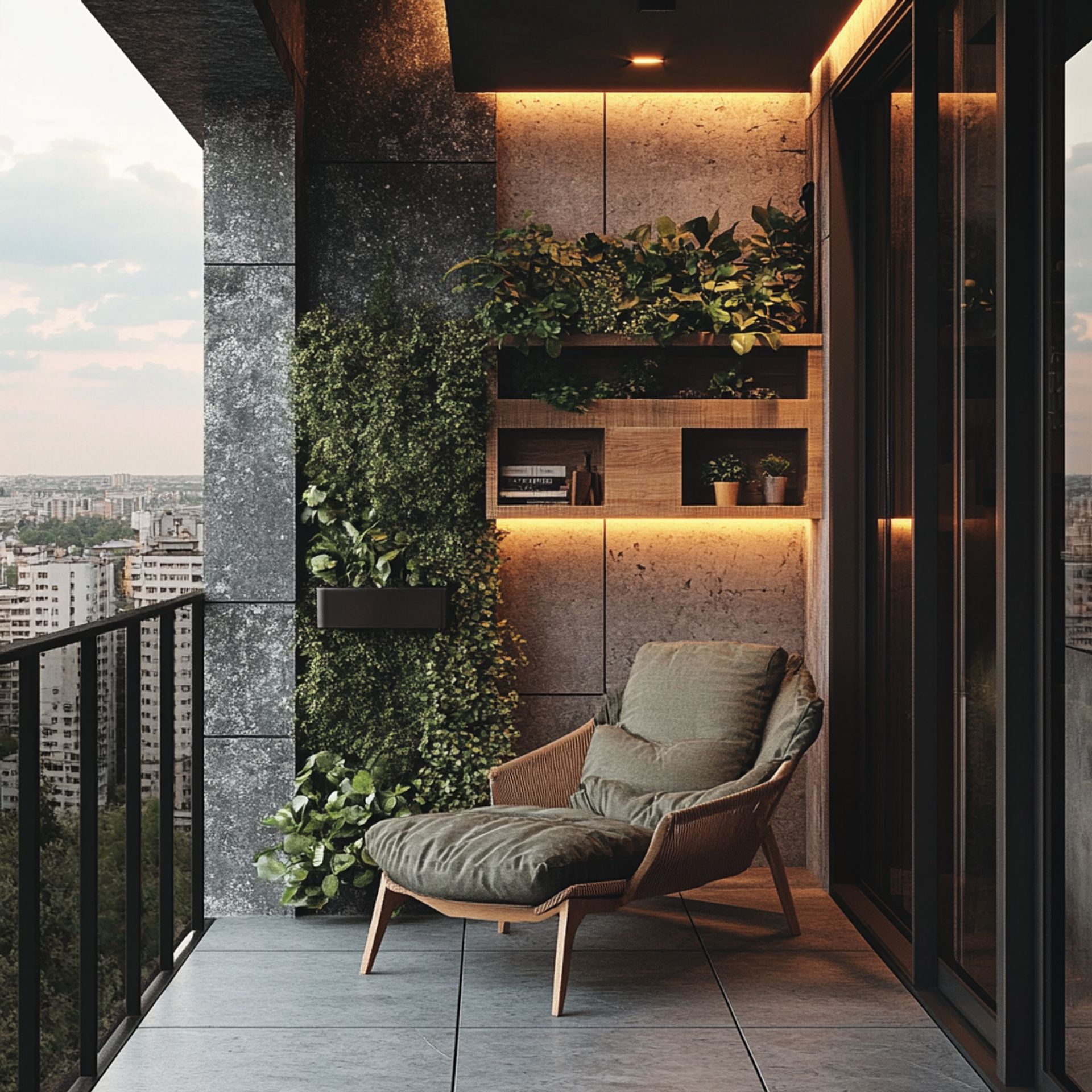 Balcony Design with Contemporary Concrete Walls, Wooden Shelves and ...