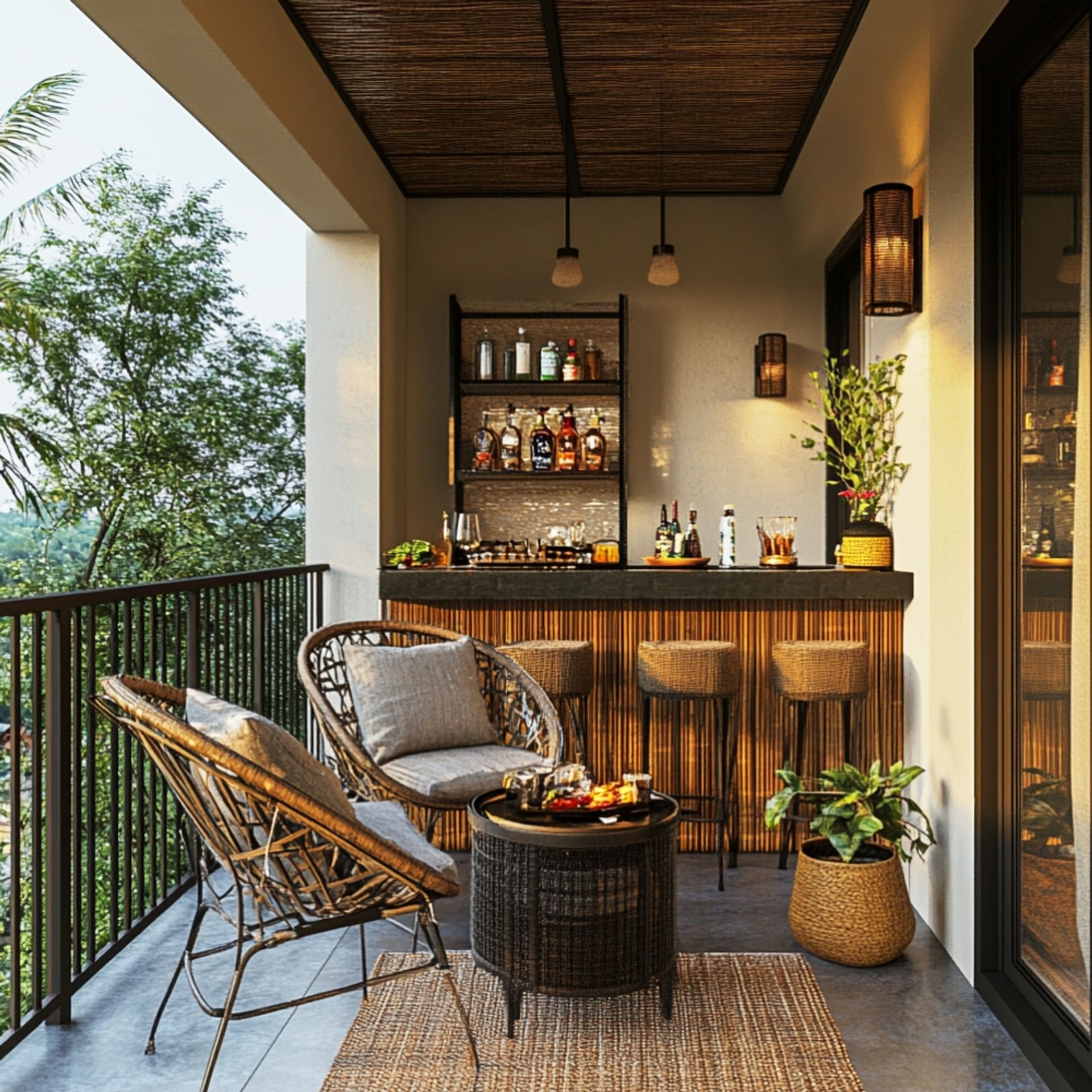 Balcony Design with Bohemian Wicker Furniture, Rattan Bar Stools and ...