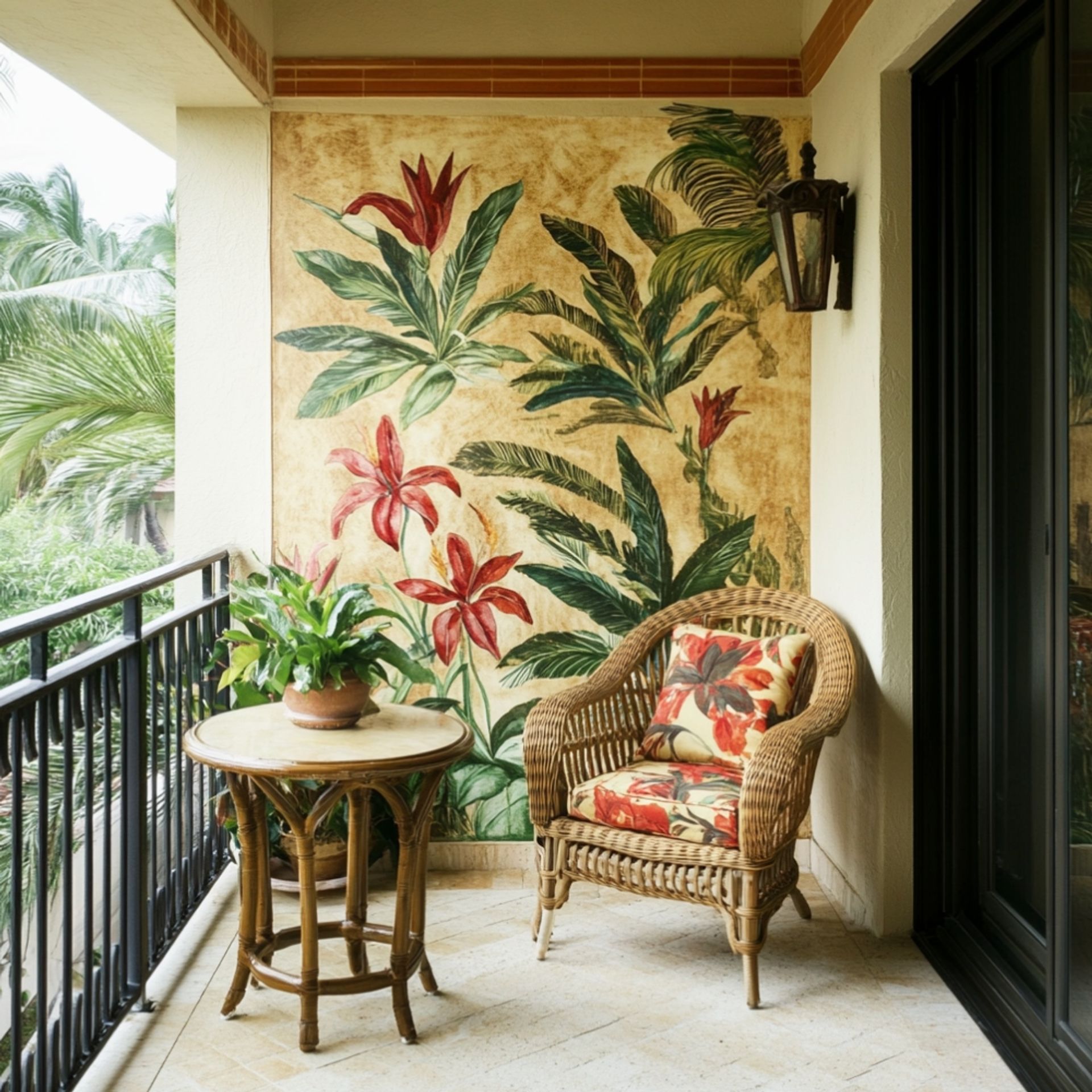 Balcony Design with Tropical Textured, Hand-Painted Mural Wallpaper and ...