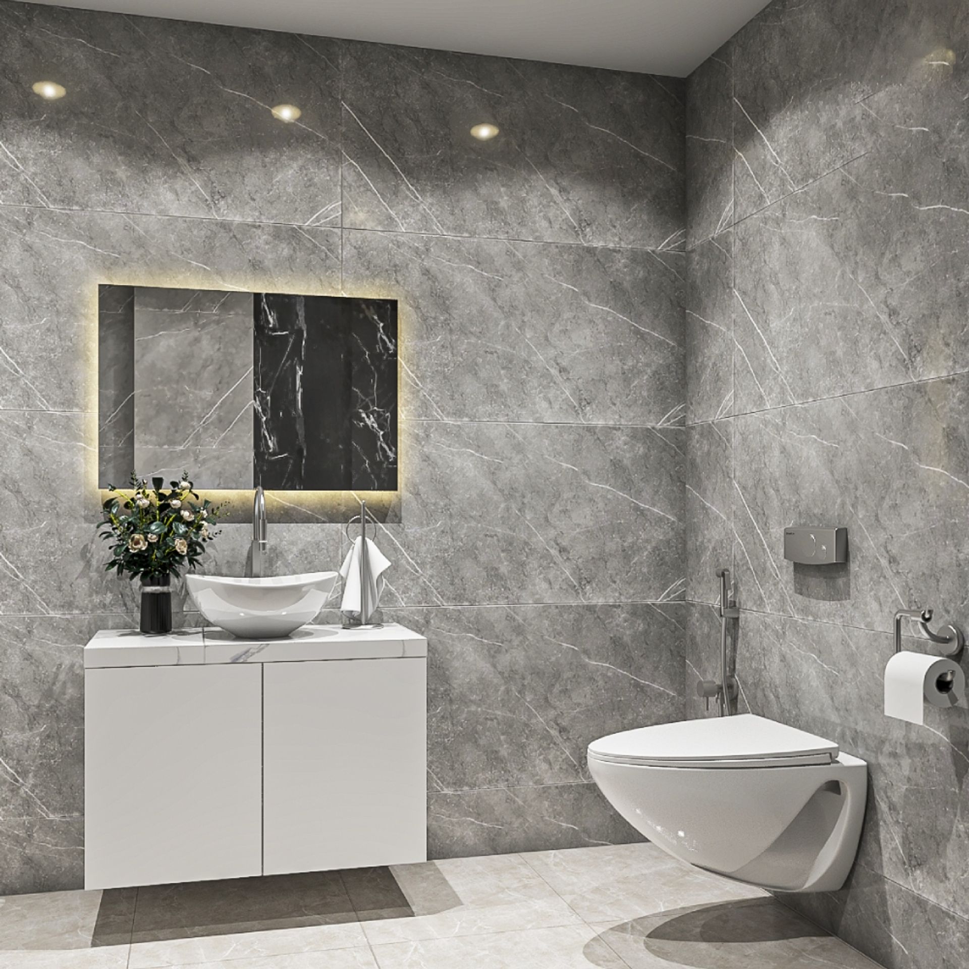 Bathroom Design with Contemporary Marble Wall, Quartz Countertop and ...