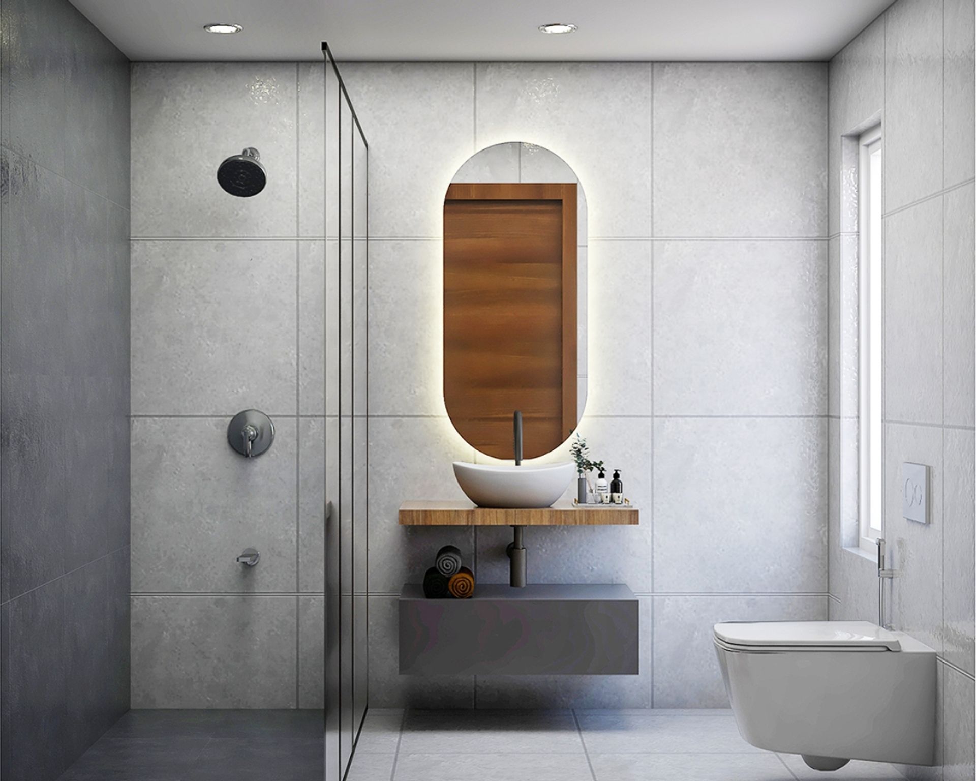 Grey Contemporary Bathroom Design with Black Framed Glass Shower and Vanity Storage | Livspace