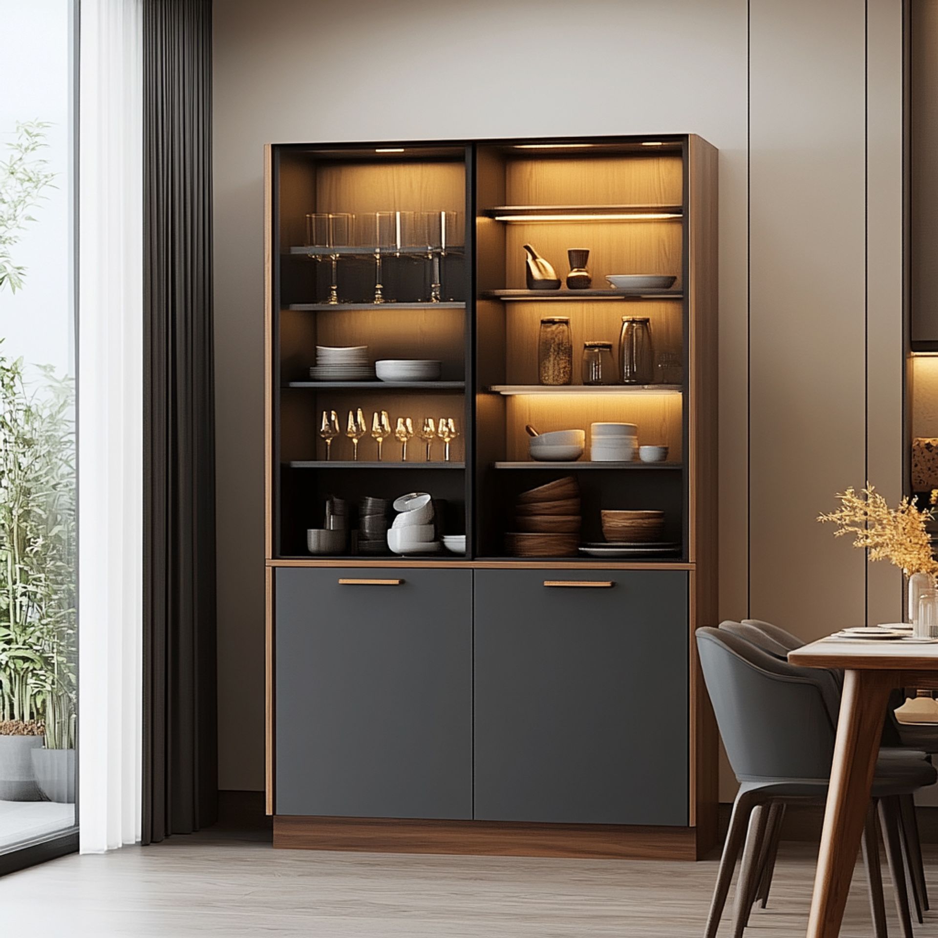 Crockery Unit Cabinet with Modern Open Display and Hidden Compartments ...
