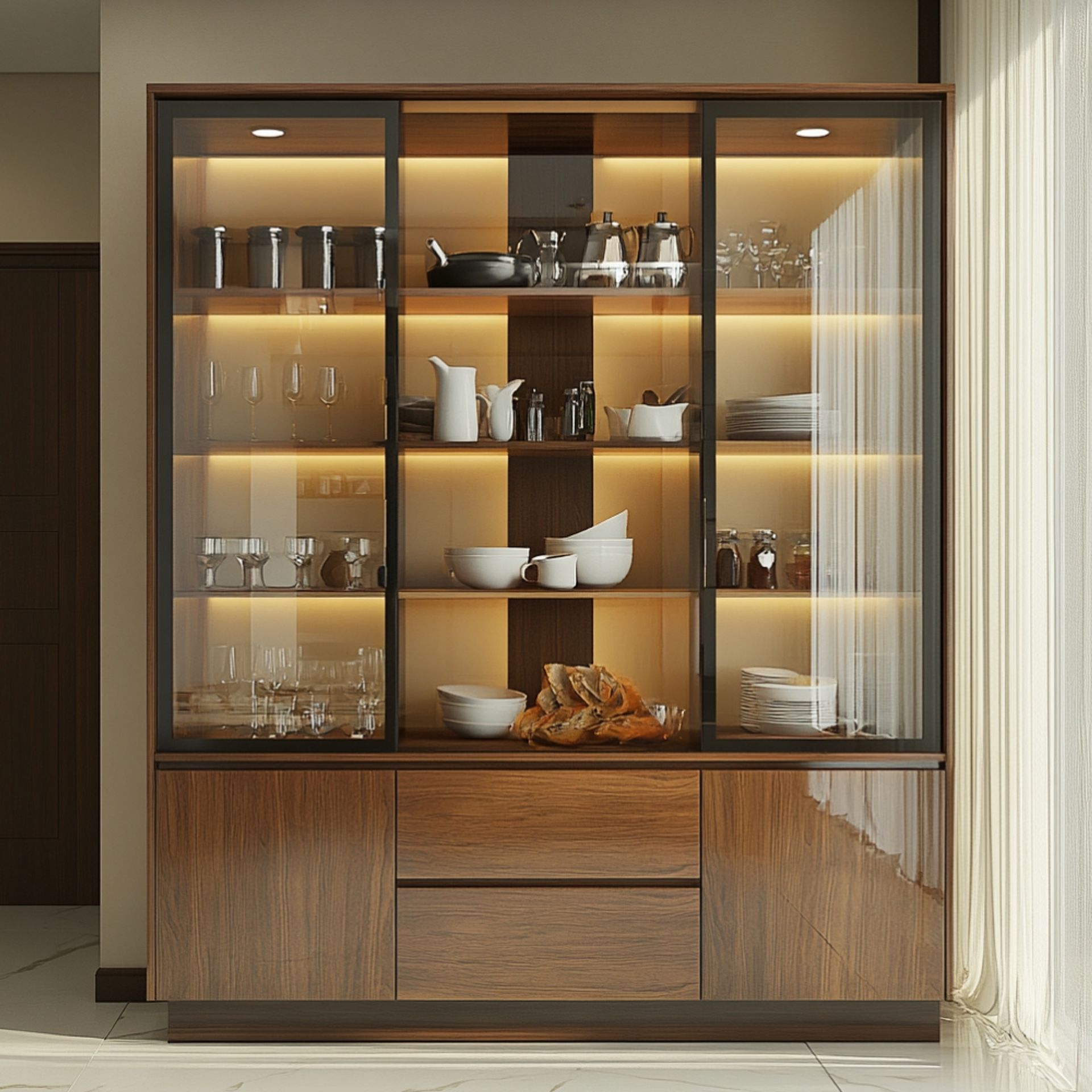 Modern Crockery Unit Design in Persian Walnut with Glass Door Display ...