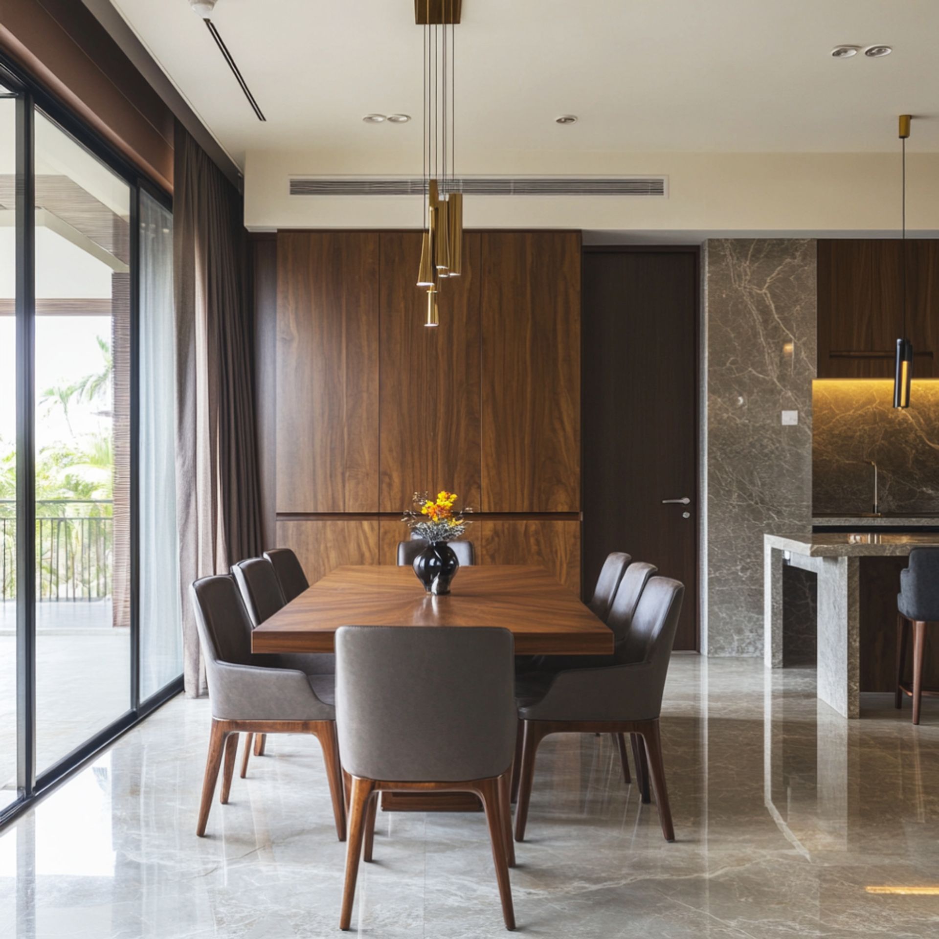 8-Seater Mid-Century Modern Dining Room Design with Wooden Table and ...