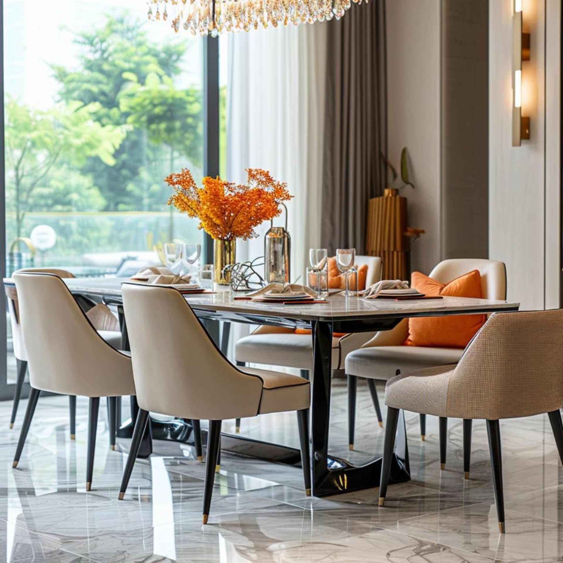 Modern 6-Seater Dining Room Design with Marble Table, Crystal ...