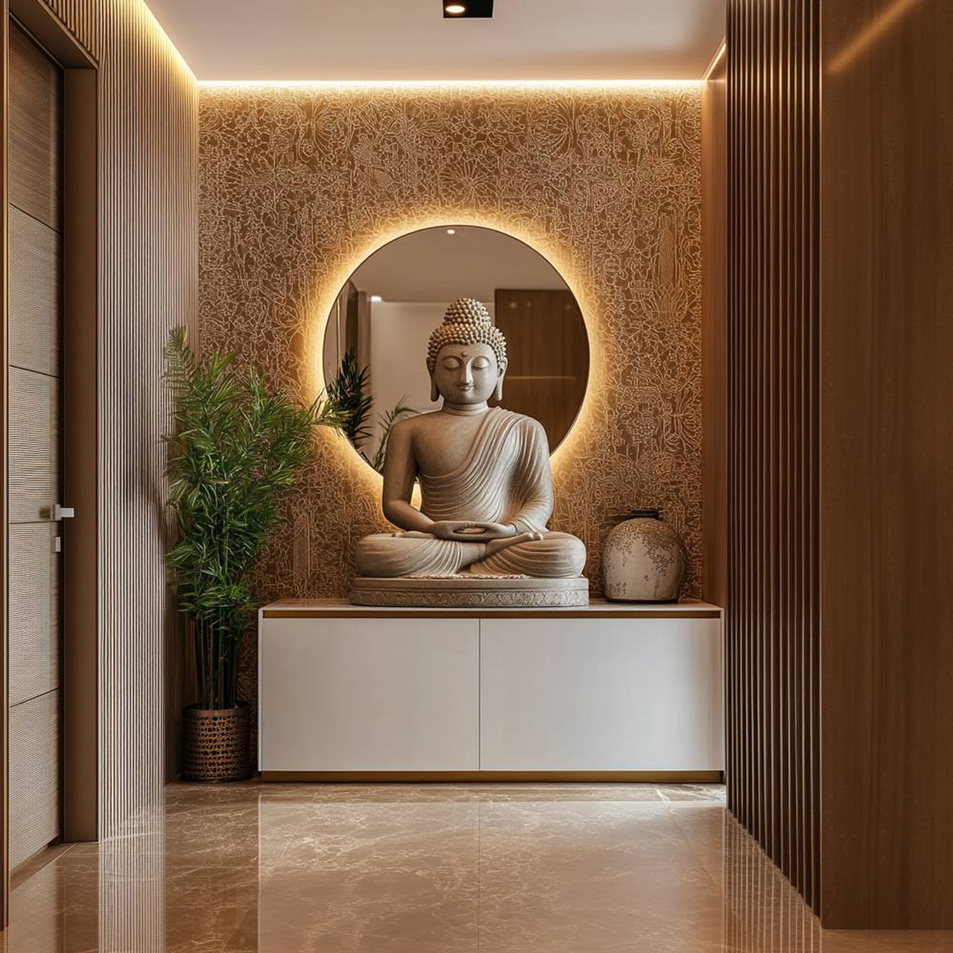 Modern Foyer Design with Cream Coloured Storage Unit with Suede Finish ...