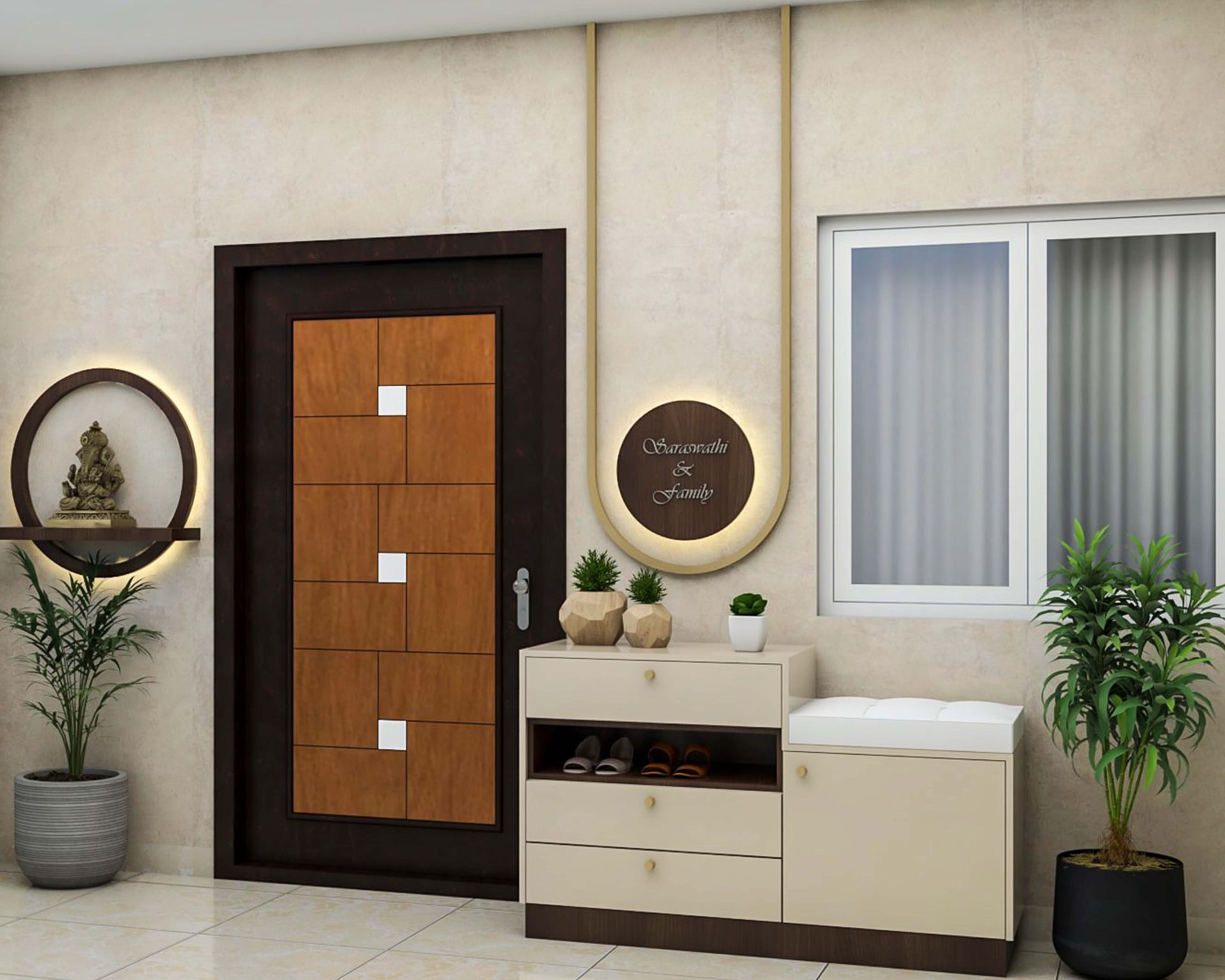 Foyer Design in Modern Style Walnut Bronze Storage, Seating and ...