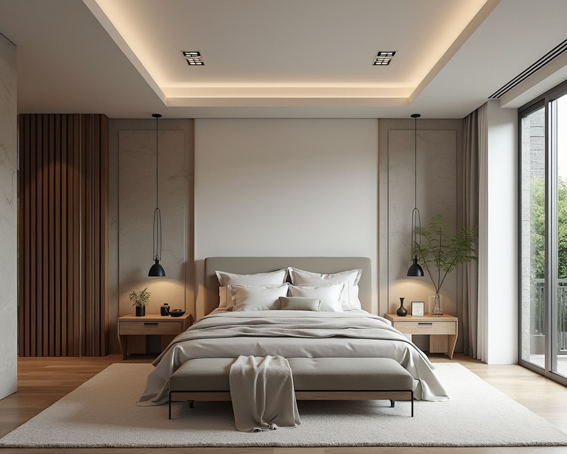 Guest Bedroom with Modern Upholstered Queen Bed, Pendant Lights ...