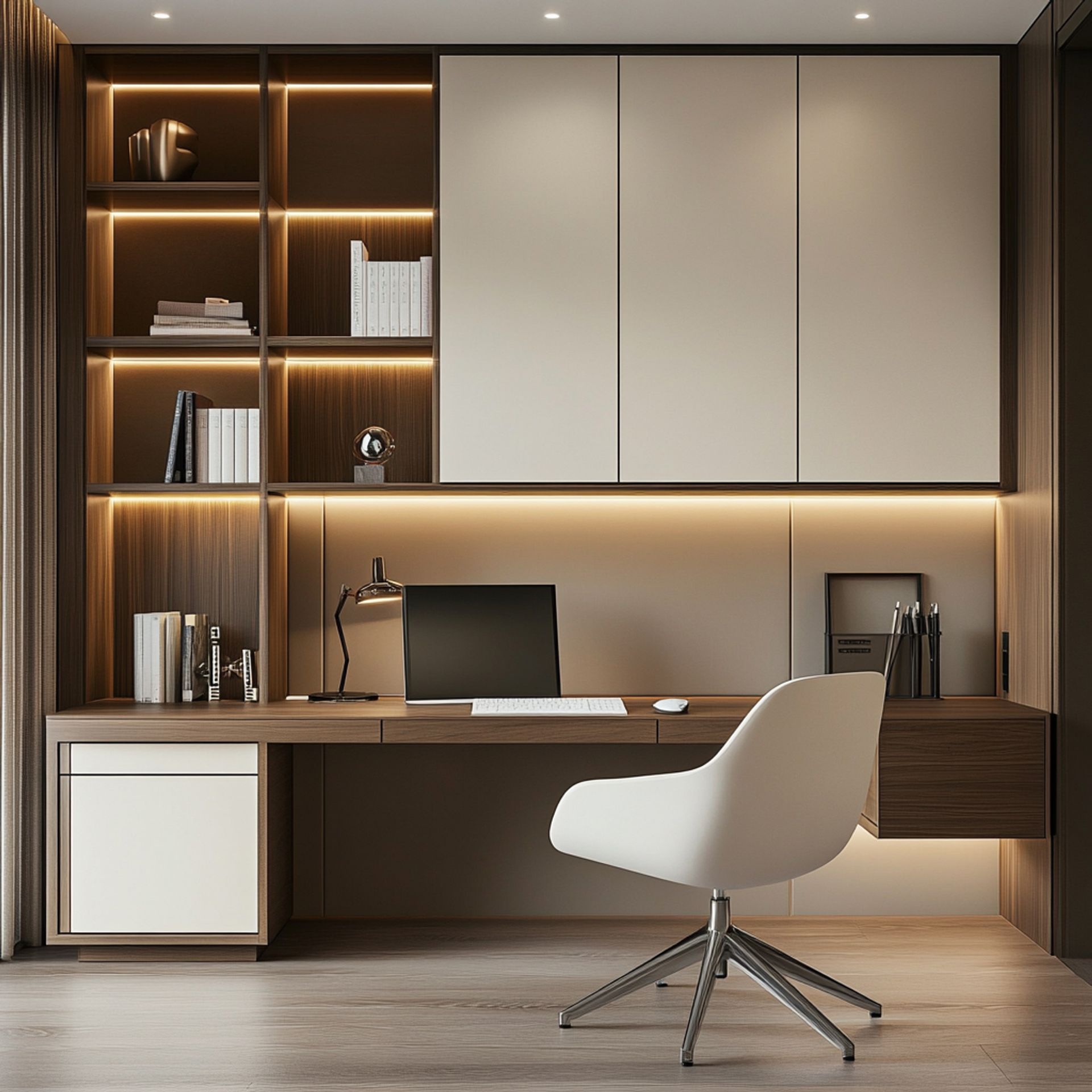 Home Office Design with Contemporary Wooden Desk, Open Shelving and LED ...