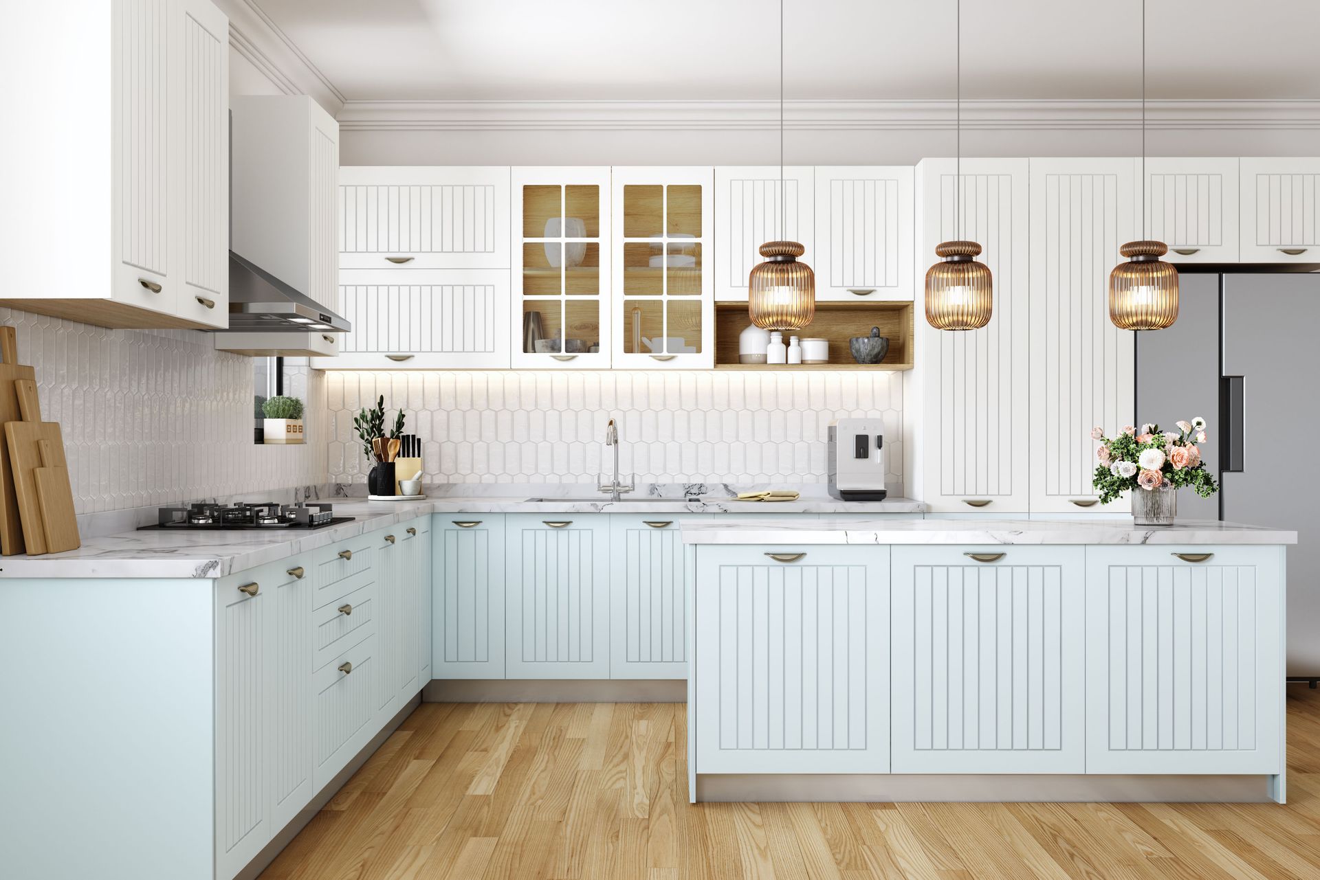 Island Kitchen with Classic Denim and Pomelia Cabinets, Quartz ...