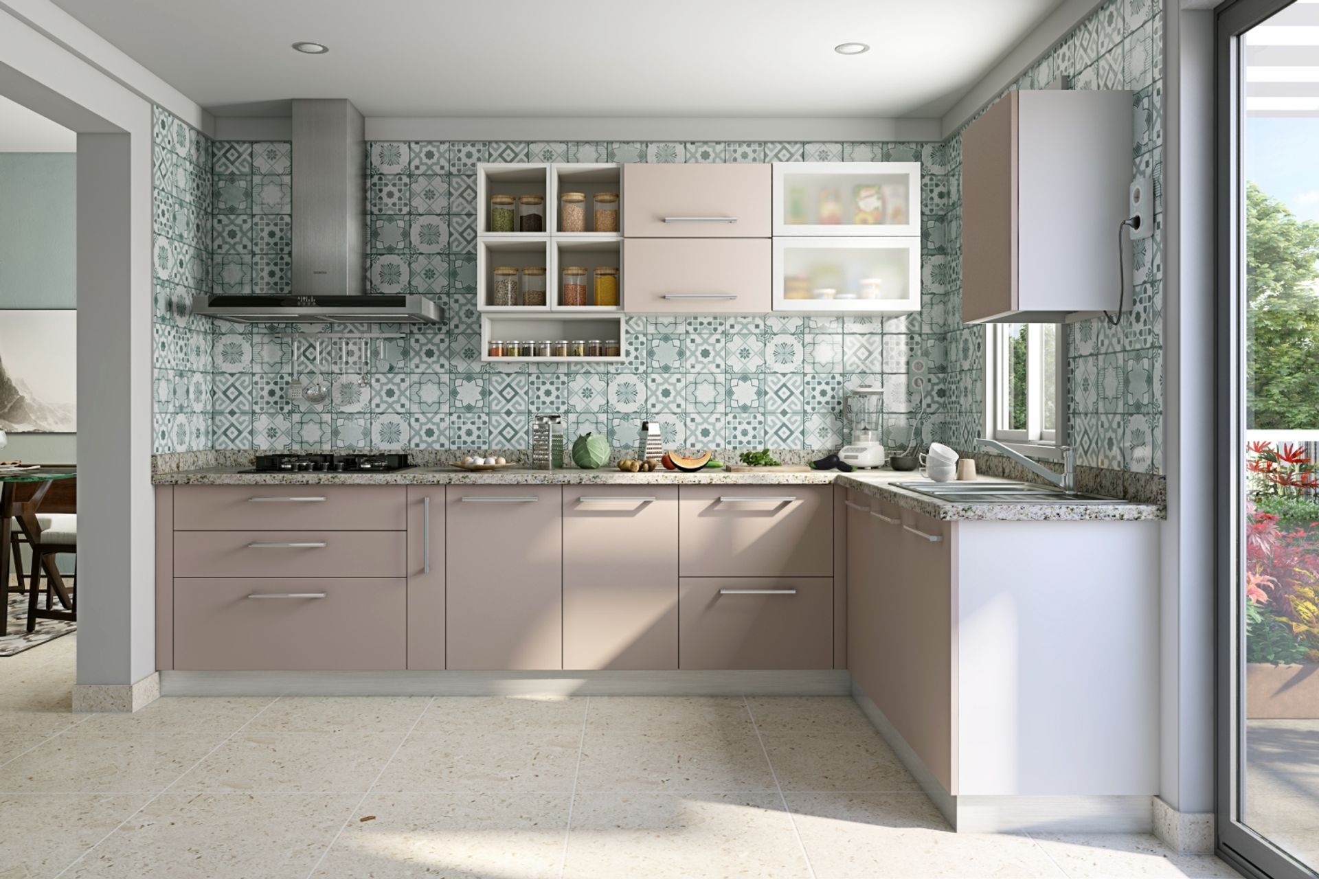 Light Beige Contemporary L-Shaped Kitchen Design with Granite ...